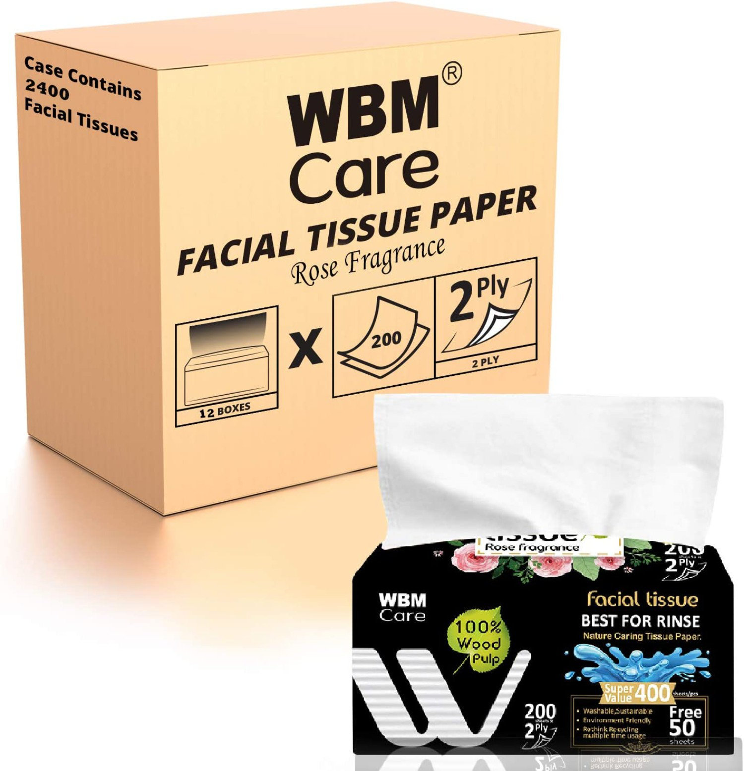 WBM LLC WBM Care Rose Fragrance Facial Tissues, 2-Ply, 200 Sheets/Box ...