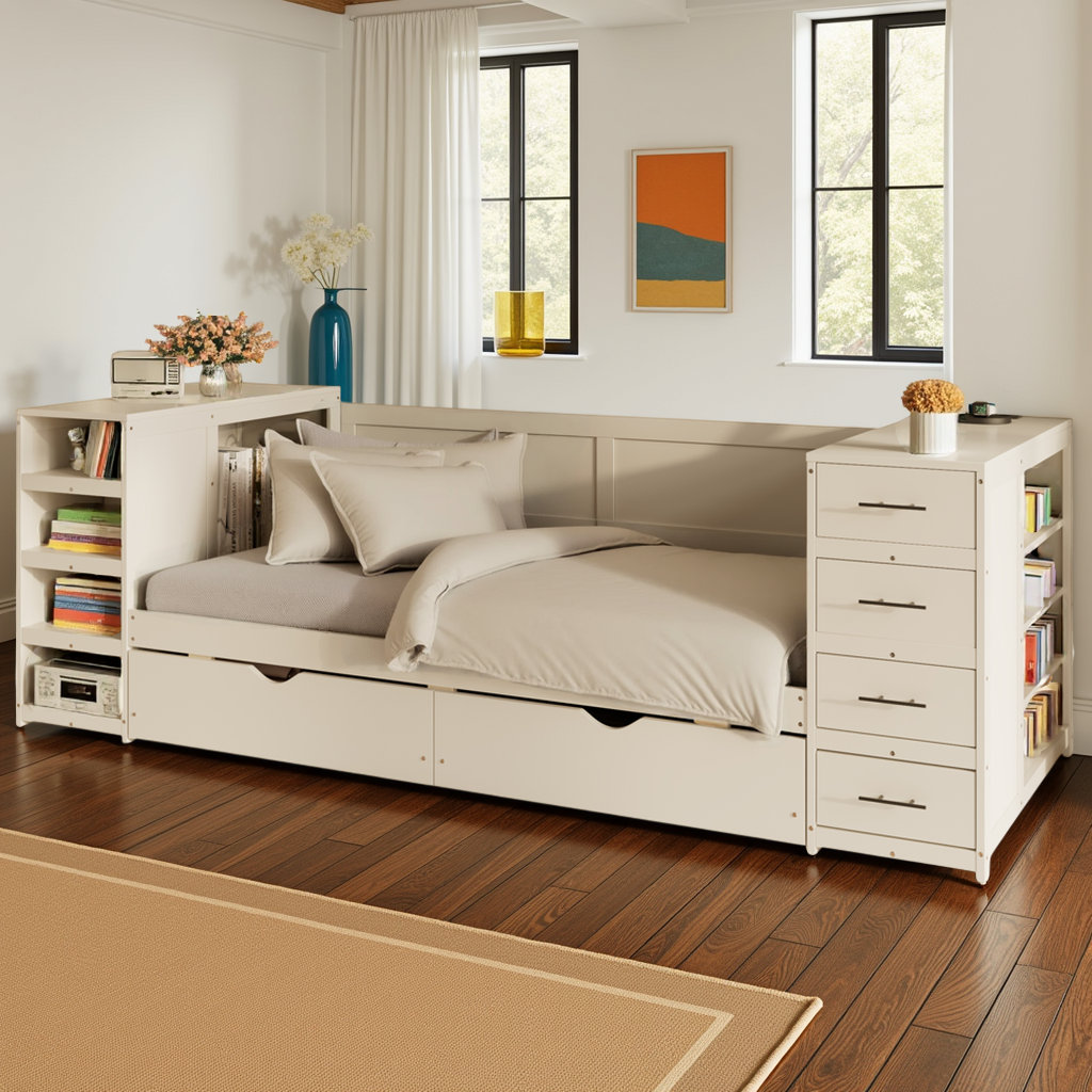 Latitude Run® Space-Saving Storage Daybed - Twin Size with Side Shelves ...