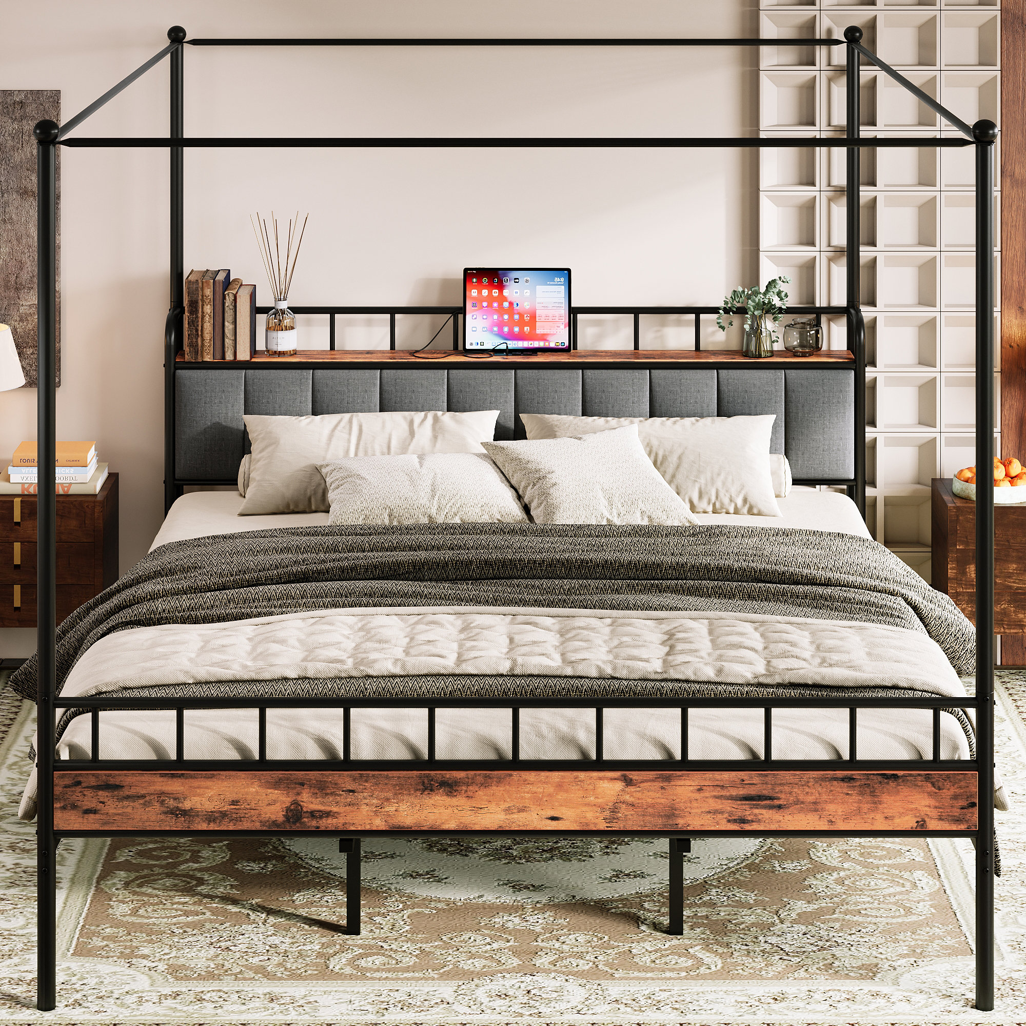 17 Stories Canopy Bed Frame, Storage Headboard With Charging Station ...