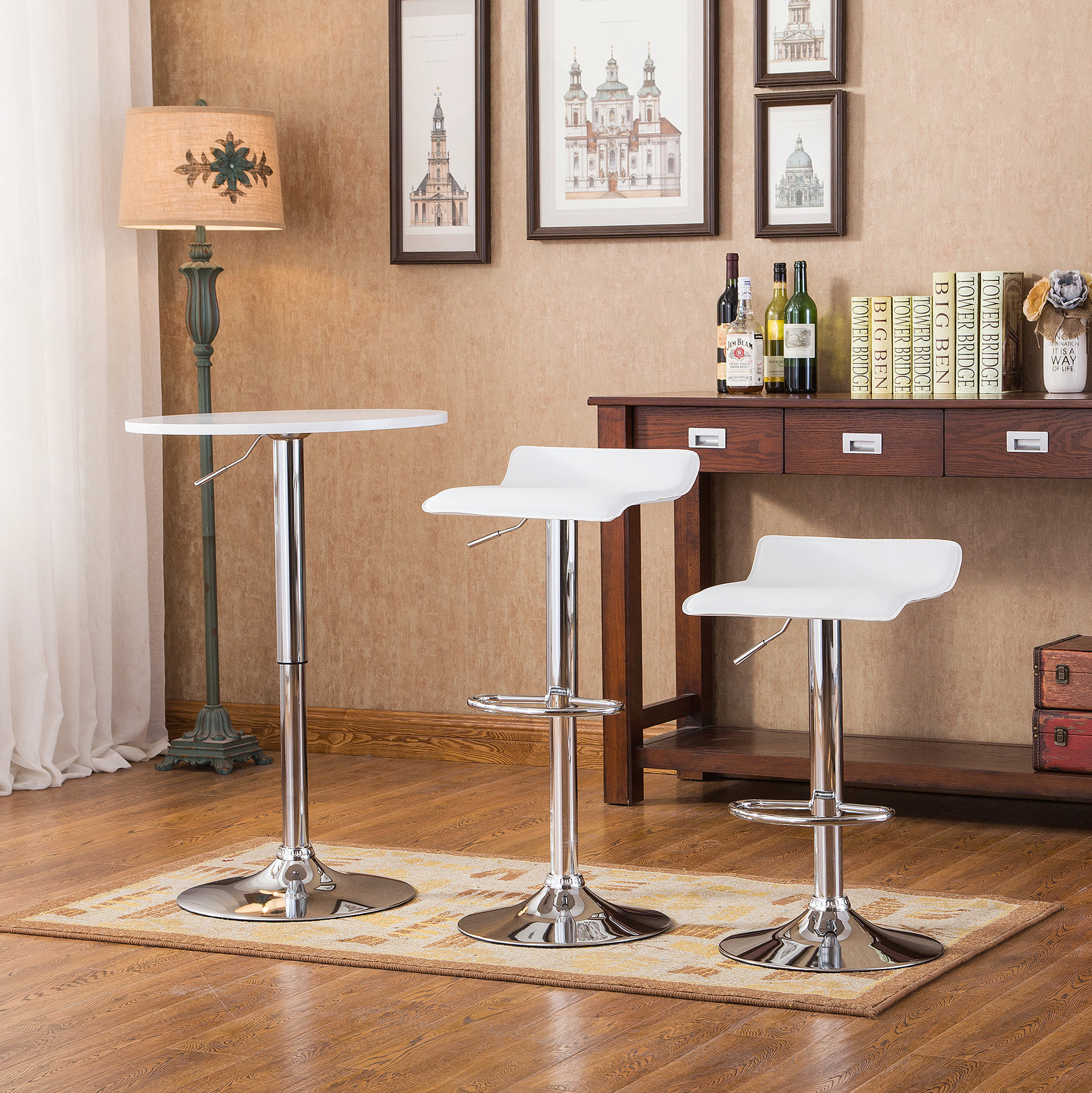 George Oliver Adjustable Height Wood and Chrome Metal Bar Table and 2 ...
