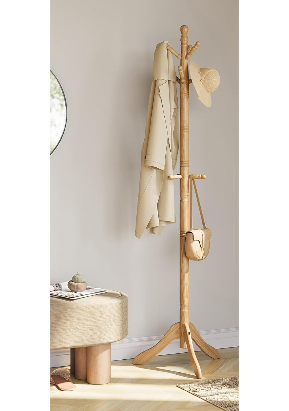 Alcott Hill® Beige Solid Wood Hall Coat Tree with 10 Hooks Free ...