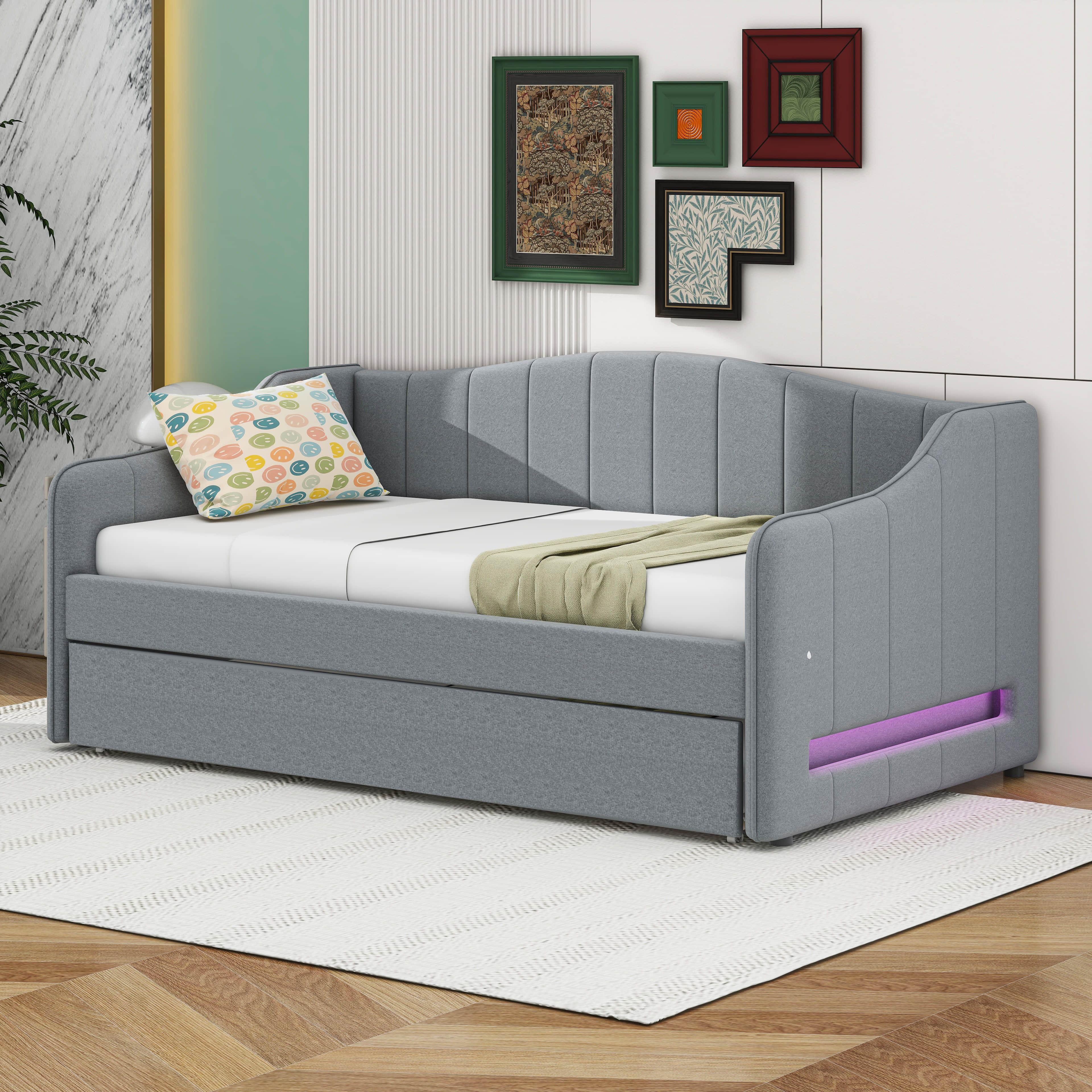 Cosmic Upholstered Twin XL Size Daybed With LED Belt And Trundle | Wayfair