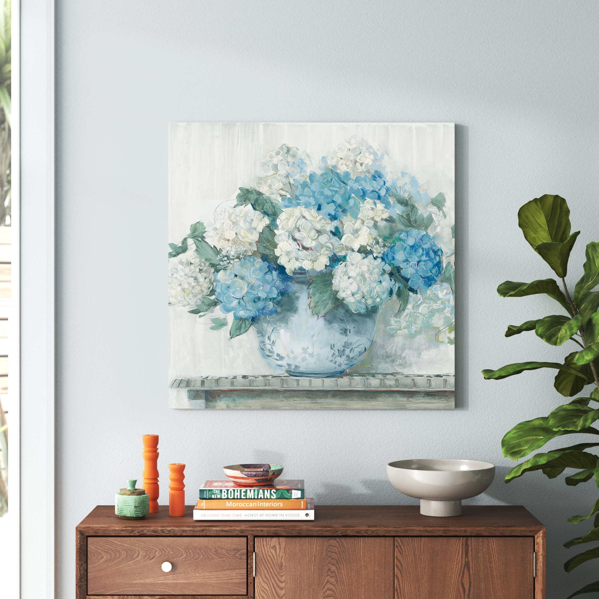 Lark Manor™ Blue Hydrangea Cottage by Carol Rowan - Wrapped Canvas ...