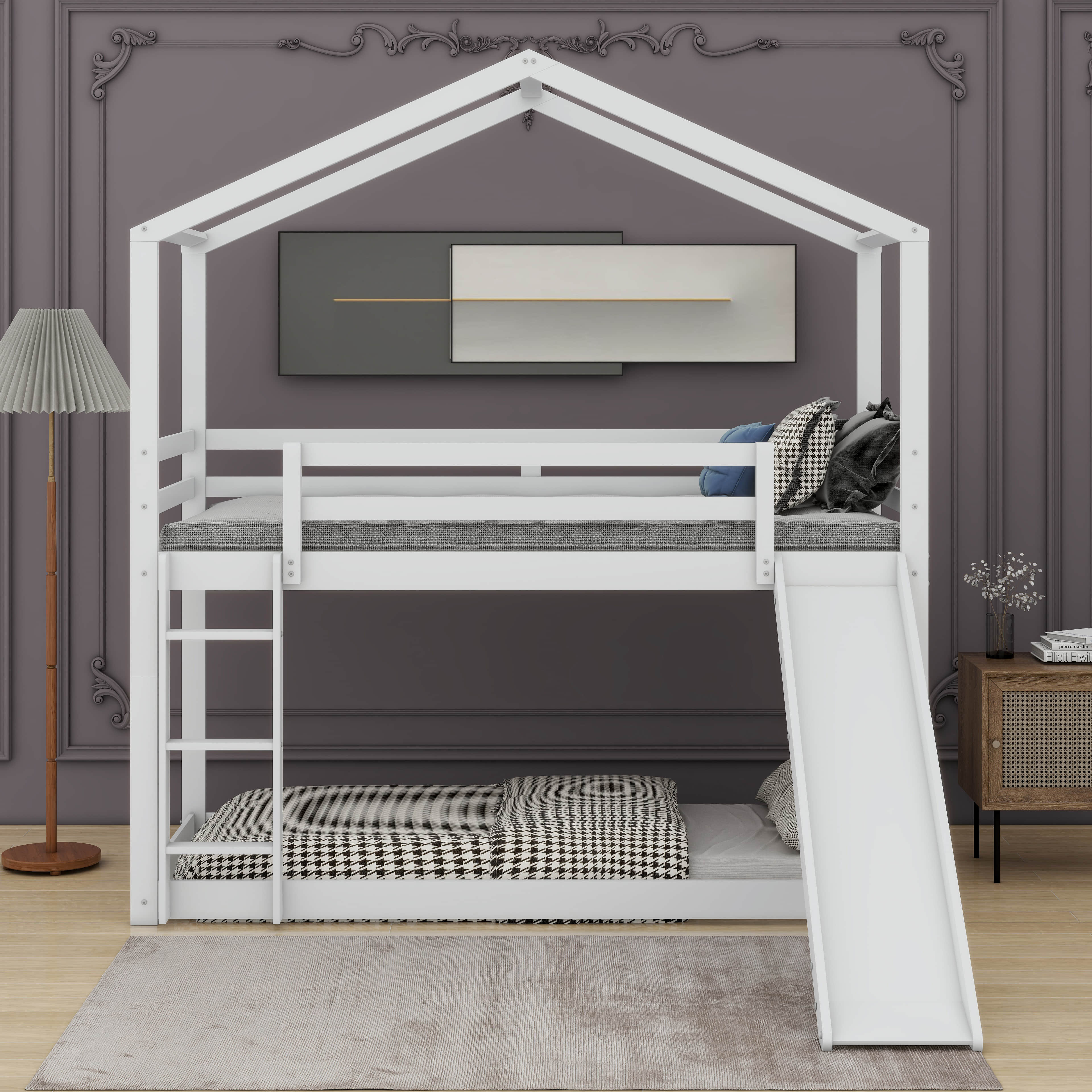 Harper Orchard Cyron Twin Over Twin Bunk Bed with Roof, Slide and ...
