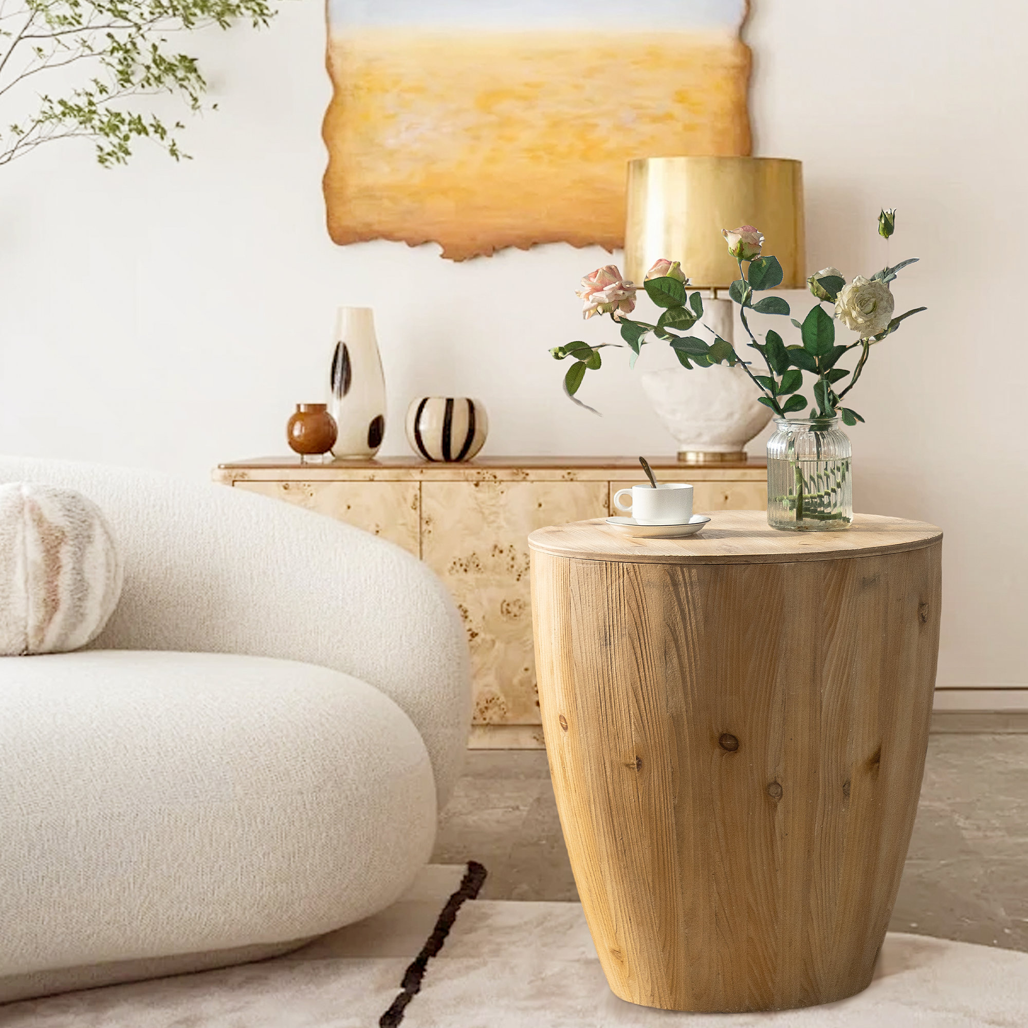 PROXIJ 21.06-inch Retro Barrel-shaped Coffee Table: Natural Wood Grain ...