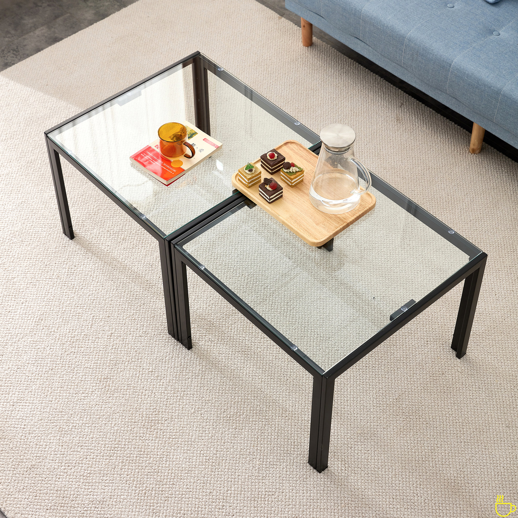 Ebern Designs Coffee Table Set Of 2, Square Table With Tempered Glass ...