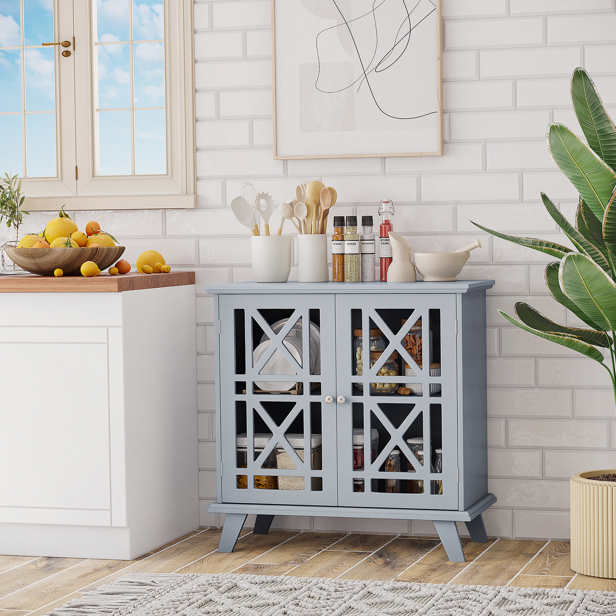 Winston Porter Gray Double Fretwork Doors Sideboard Accent Cabinet ...