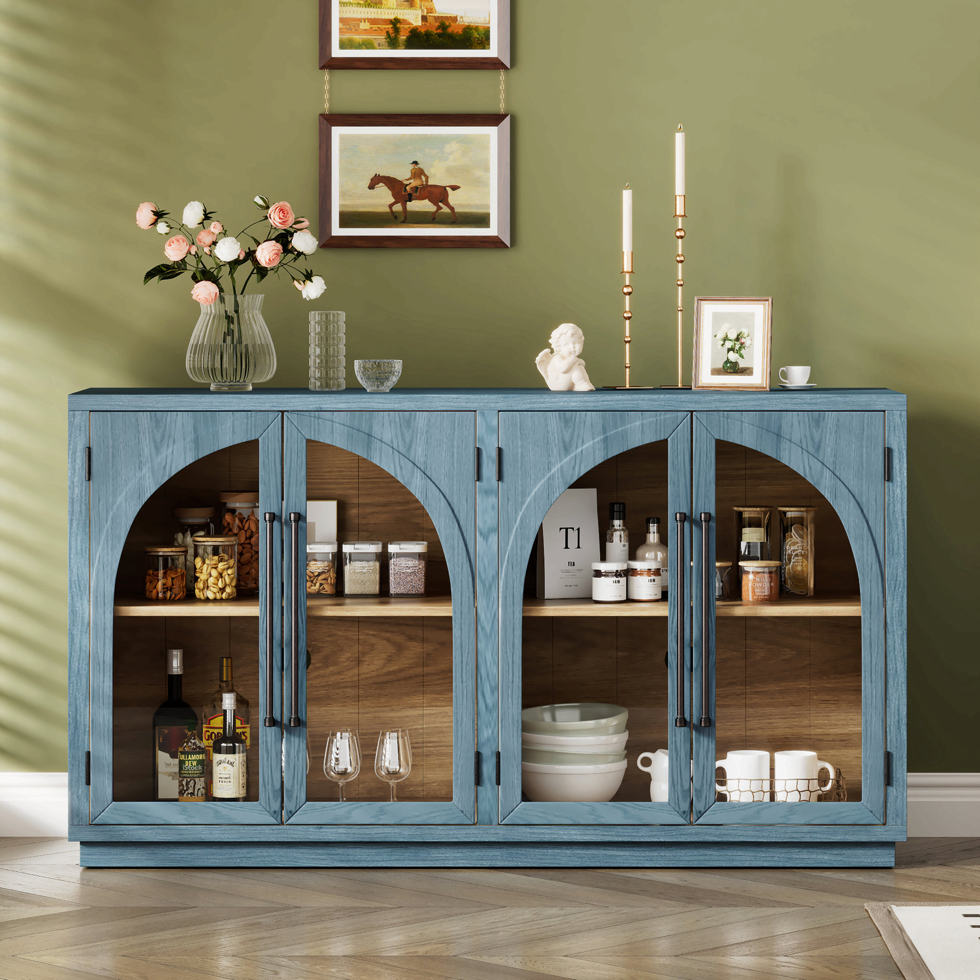 Lark Manor™ 4-Door Large Storage Sideboard Buffet Cabinet With Glass Doors, Arched Cabinet With ...