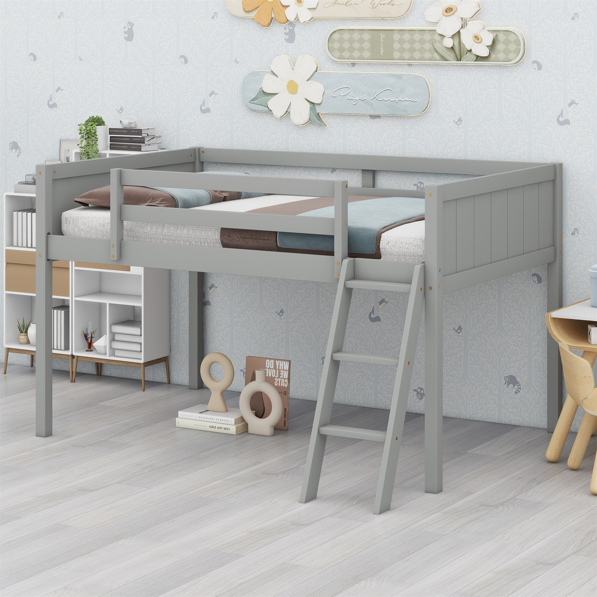 Ebern Designs Wood Low Loft Bed With Ladder, Ladder Can Be Placed On ...