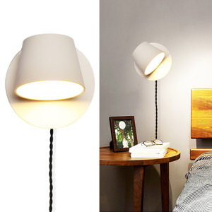 Ebern Designs Modern Wall Lamp Plug In Cord Round Rotatable White Wall ...