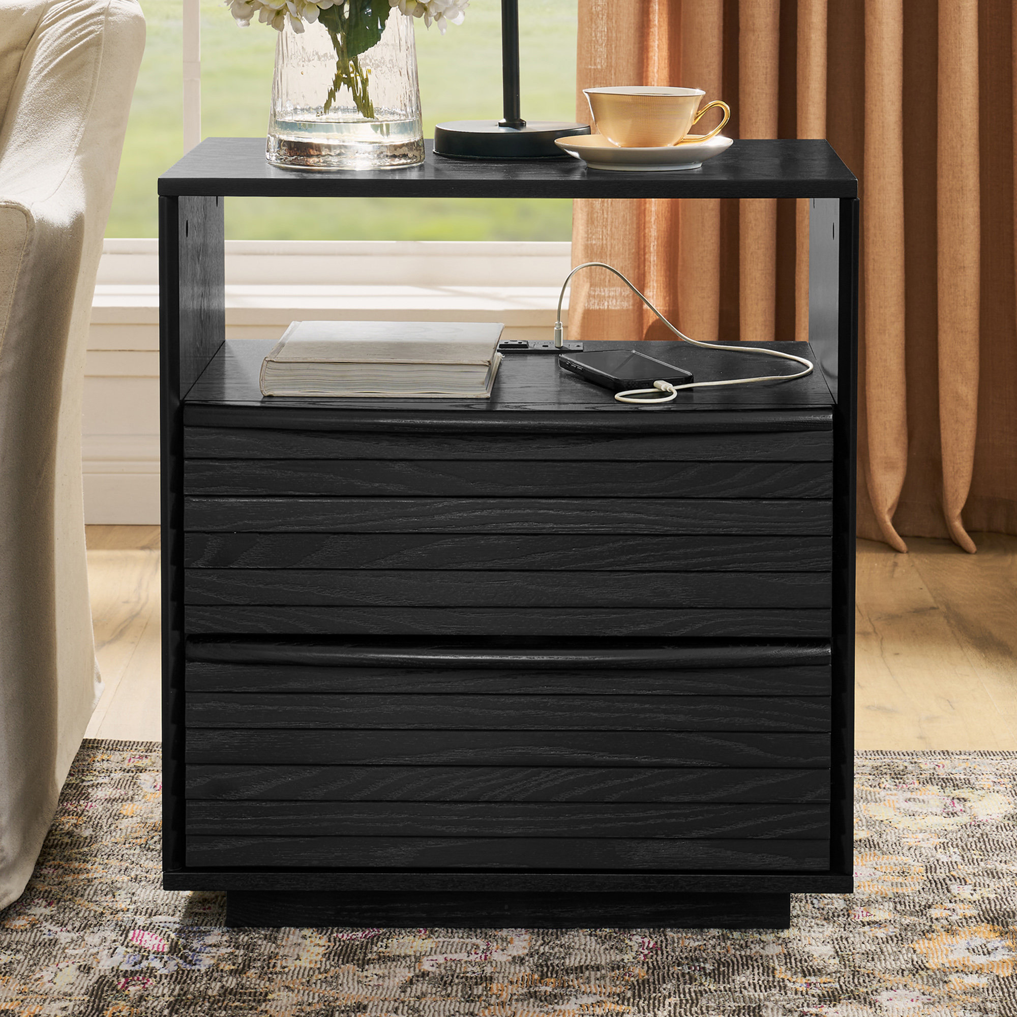 SKEFOLI Mid Century Modern Nightstand With Electrical Outlet, A Open ...