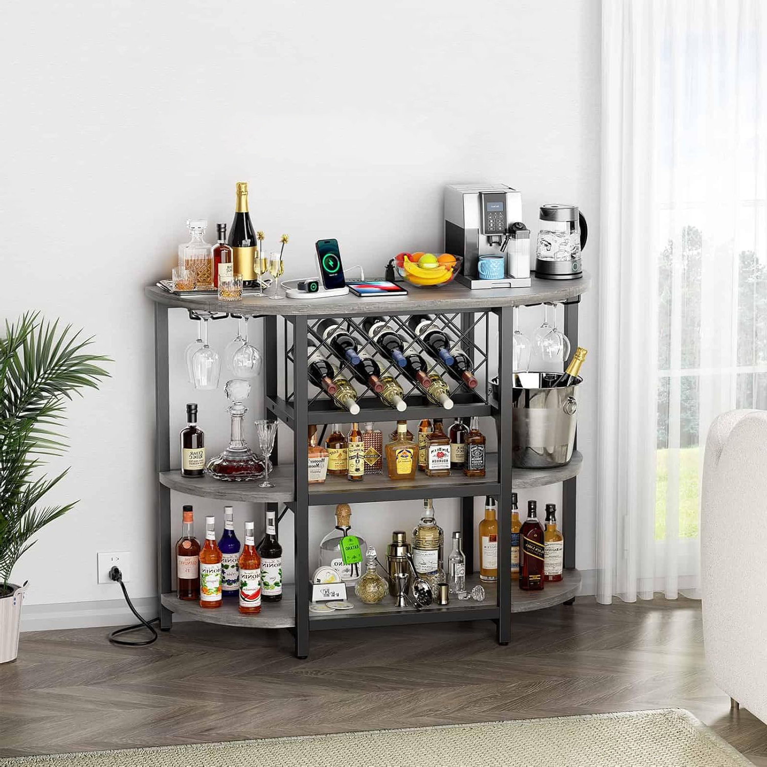 17 Stories Light Grey Metal Bar Coffee Bar with 4-Tier Storage,Bar Cart ...