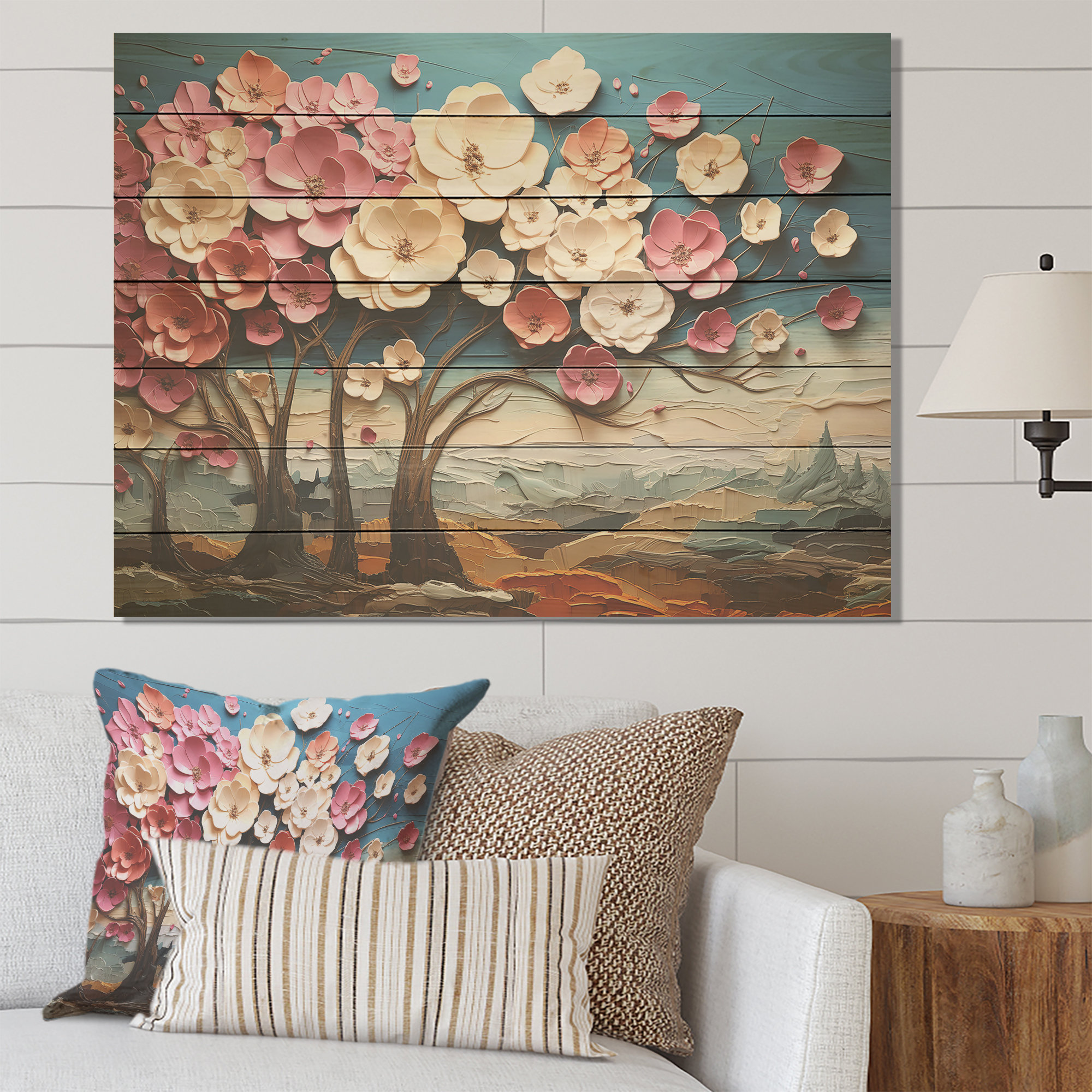 Lark Manor™ Dynamic White And Pink Petals Tree II - Tree On Wood Print ...