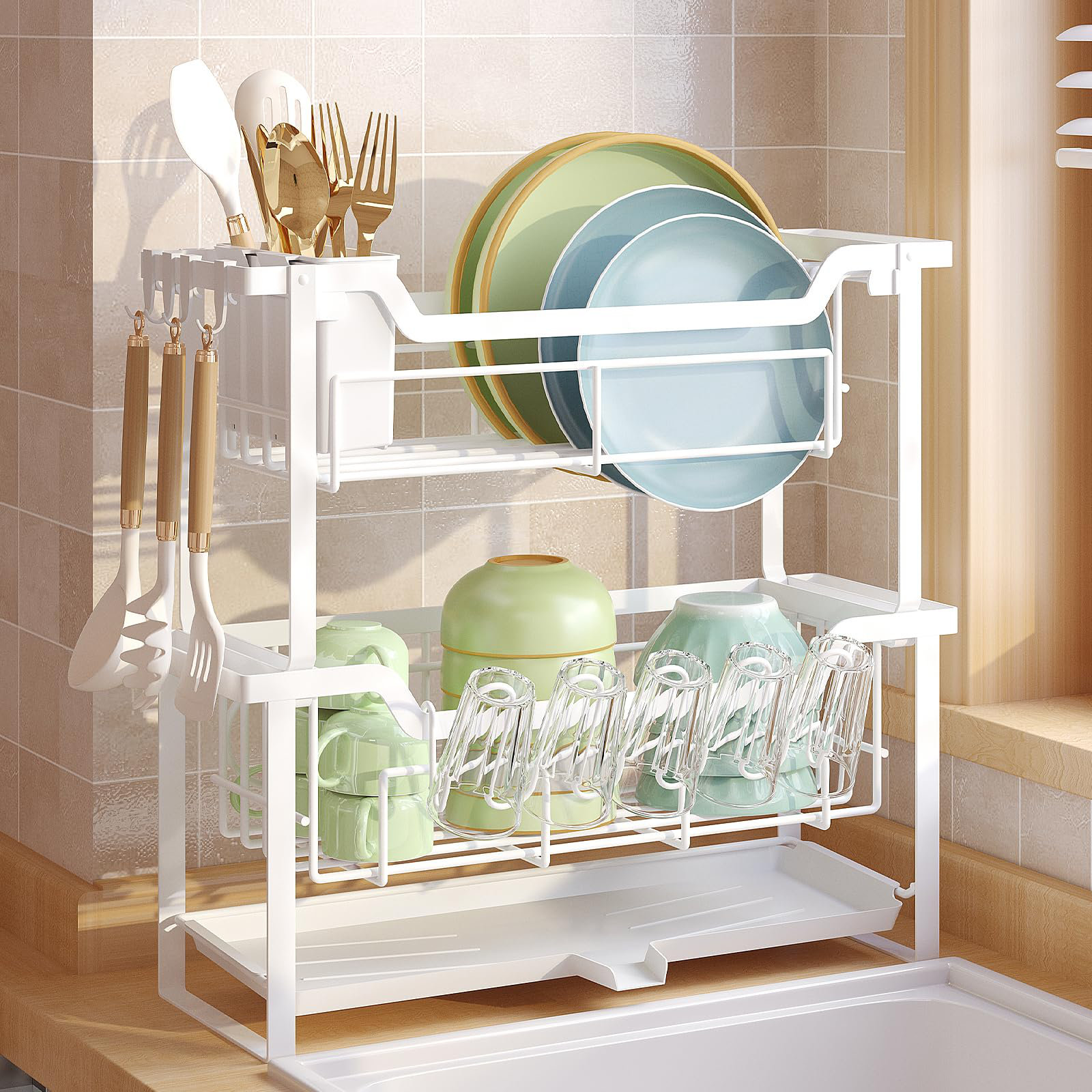 YIXIAOSHANGMAO White Double-Layer Dish Rack, Suitable For Small Space ...