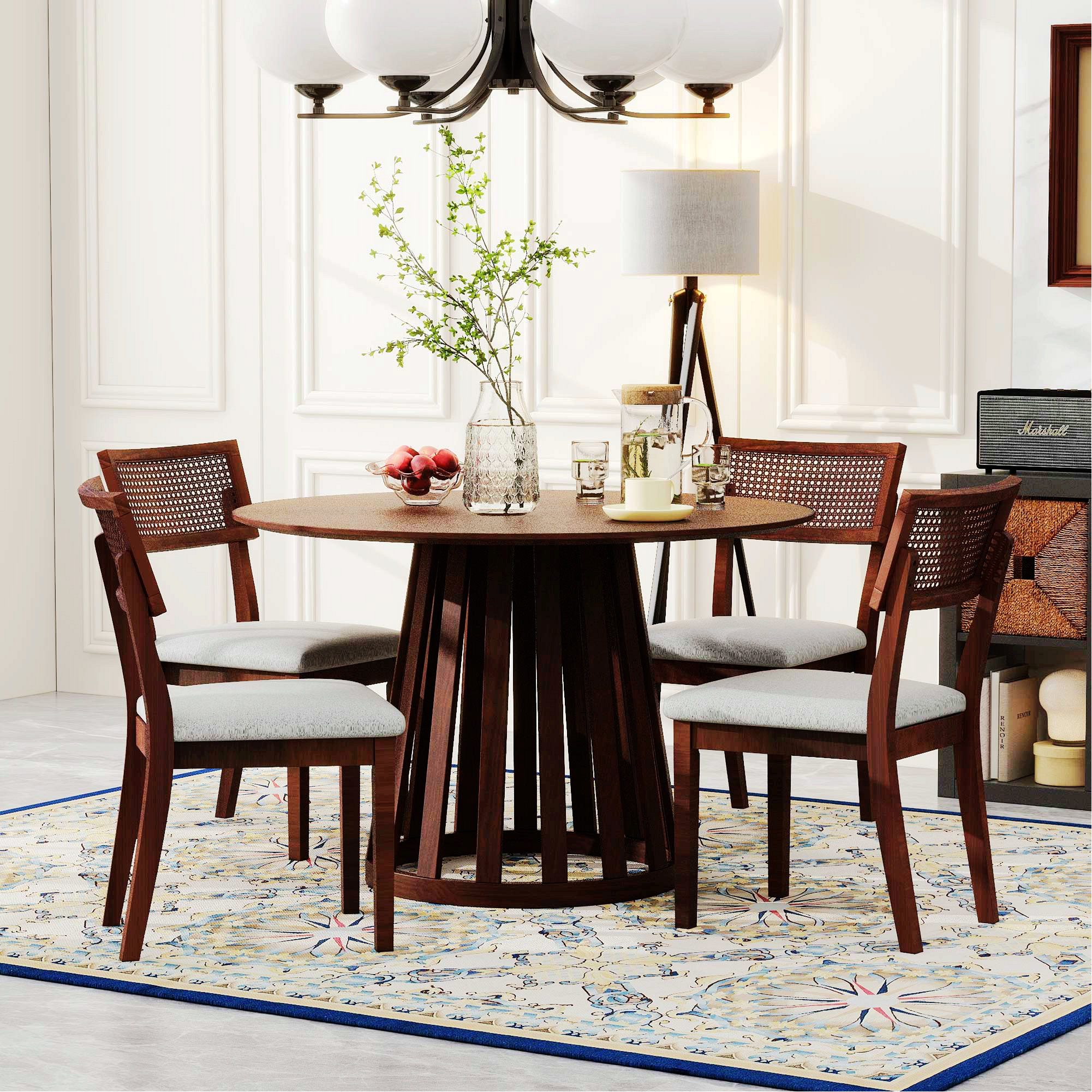 Bayou Breeze Dining Set with Table and 4 Upholstered Chairs with Rattan ...