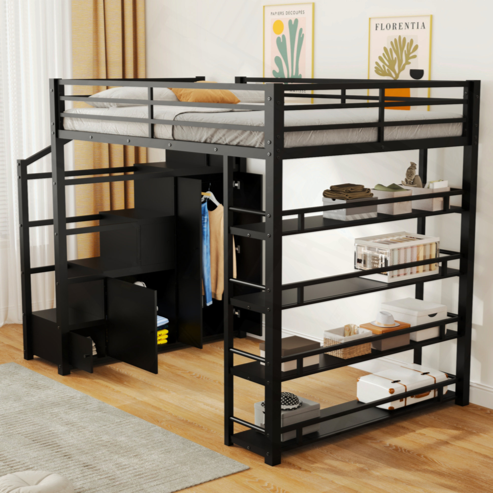 17 Stories Metal Loft Bed With Storage Shelves, Cabinets And Wardrobe ...