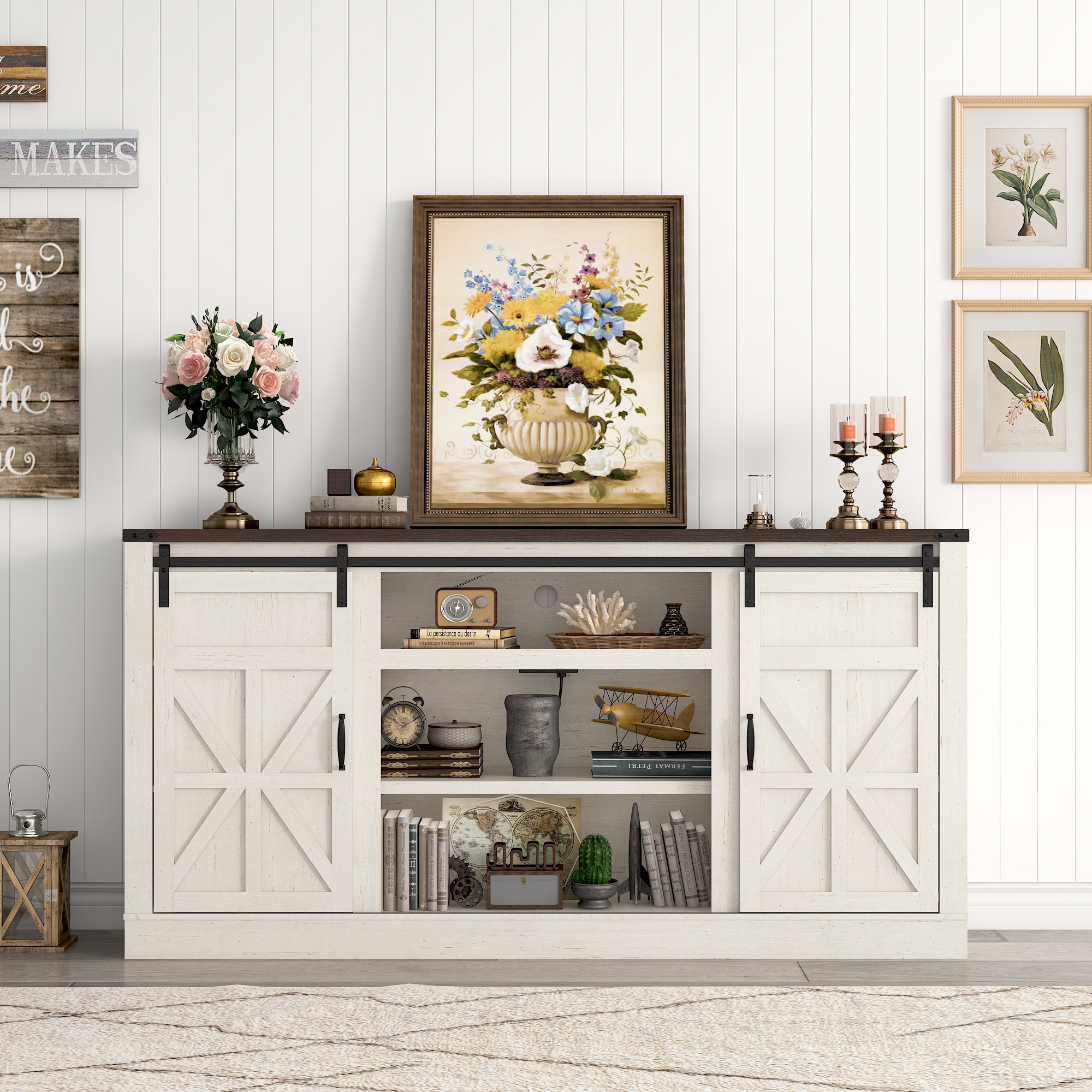 Gracie Oaks 66" Farmhouse TV Stand With Power Outlets For 75 65 Inch ...