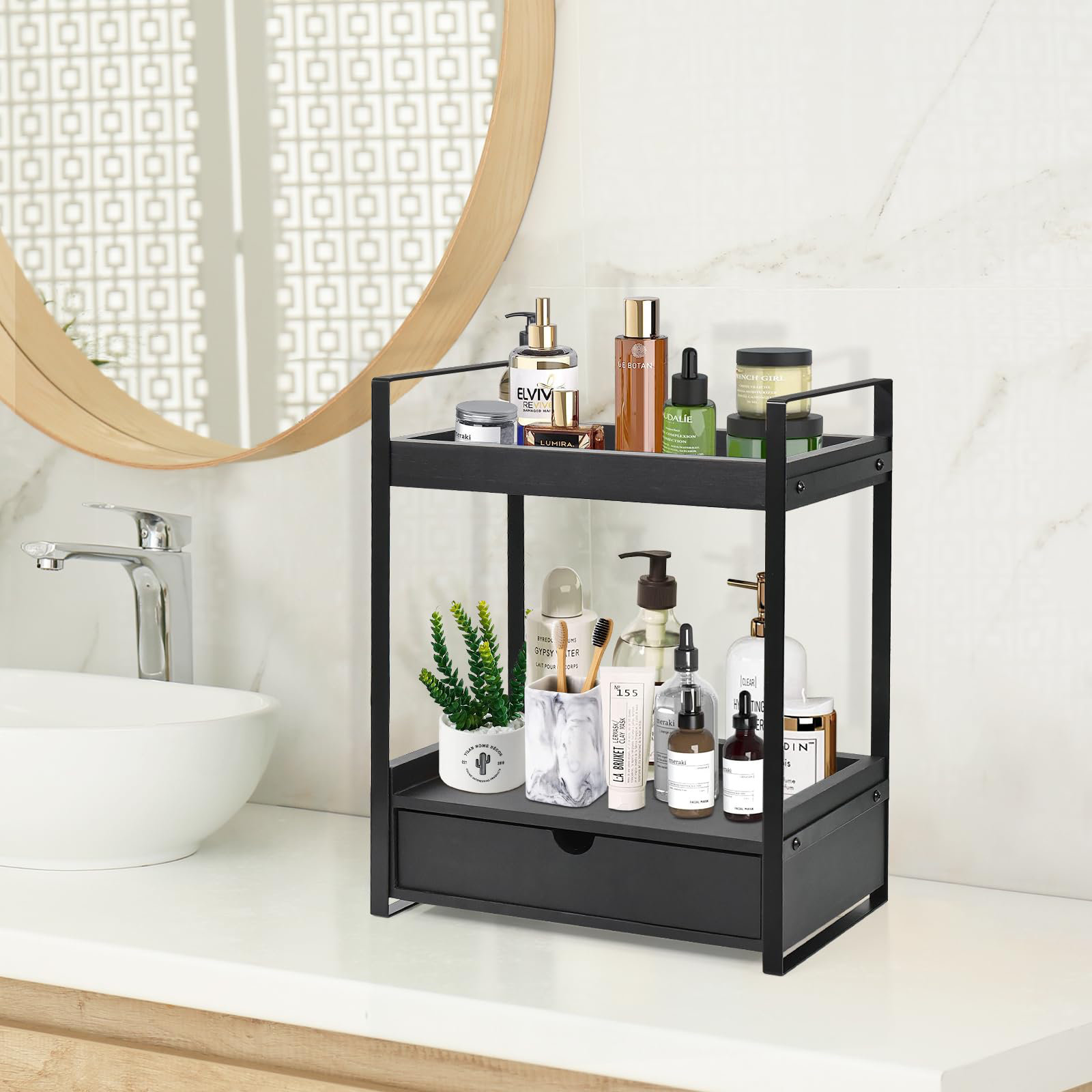 Hokku Designs 2-Tier Bathroom Organizer Countertop With Drawer, Wood ...