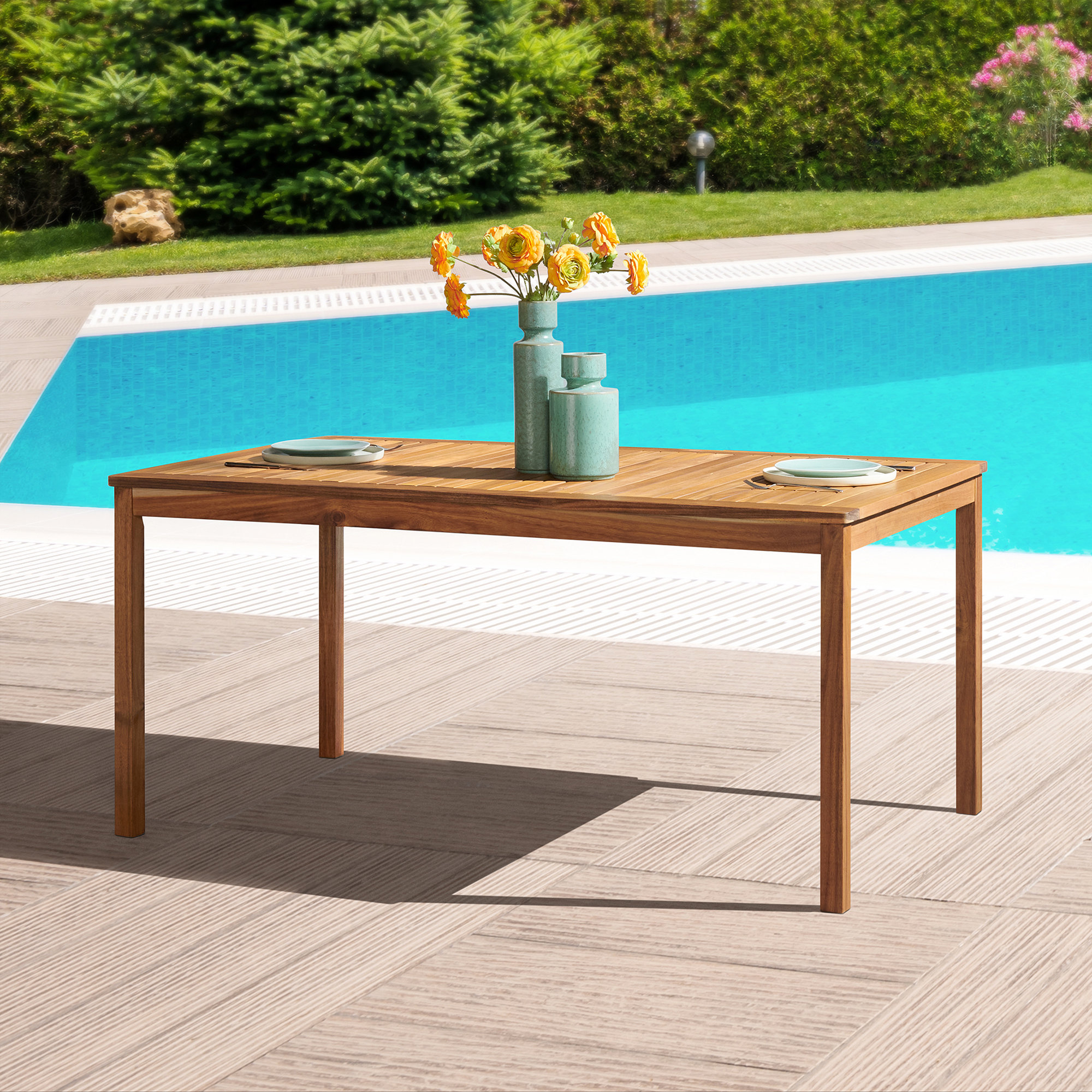 Wade Logan® Arjay 63" Wide Solid Acacia Wood Rectangular Outdoor Dining ...