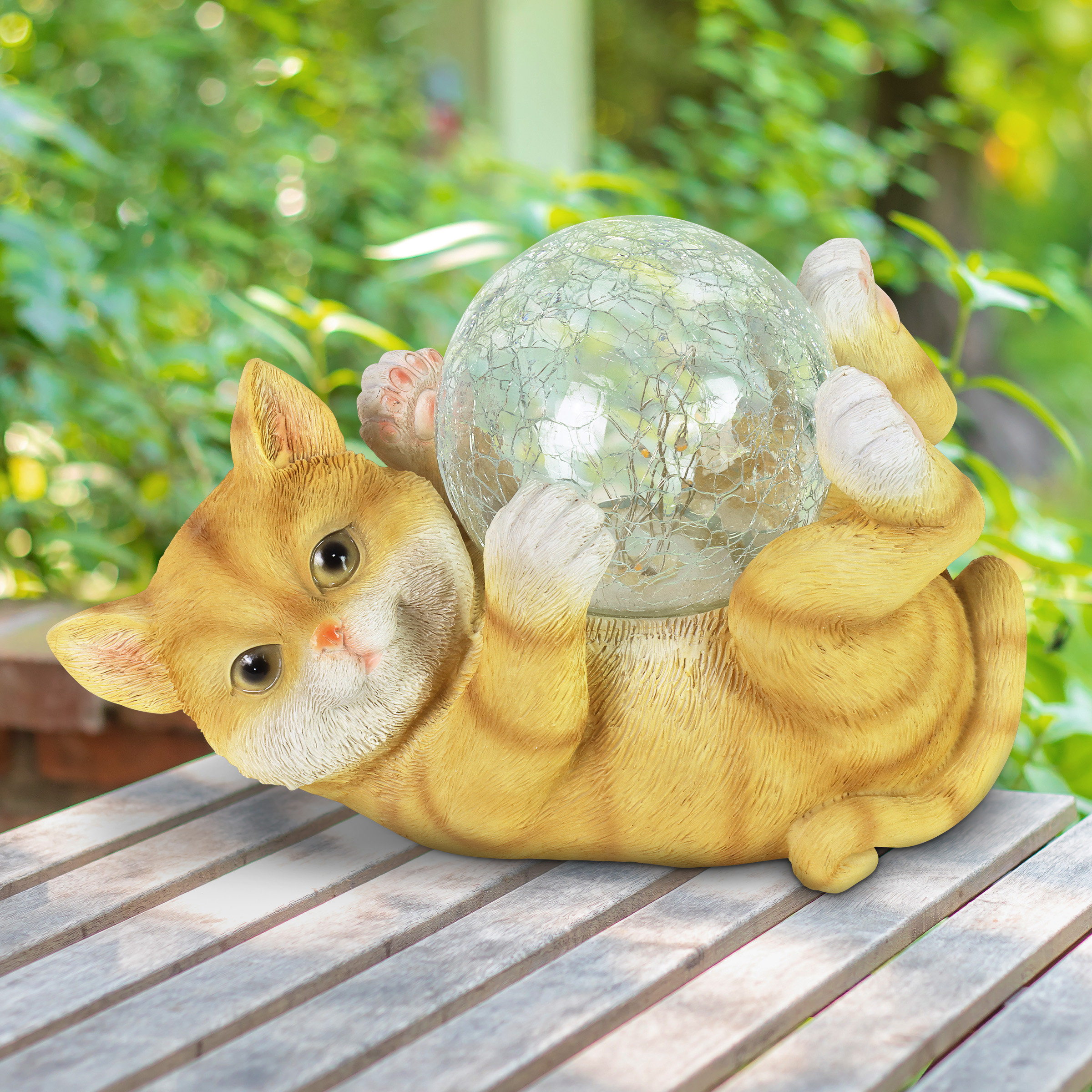 Exhart Solar Cat Playing with LED Crackle Ball Garden Statuary, 10.5 by ...