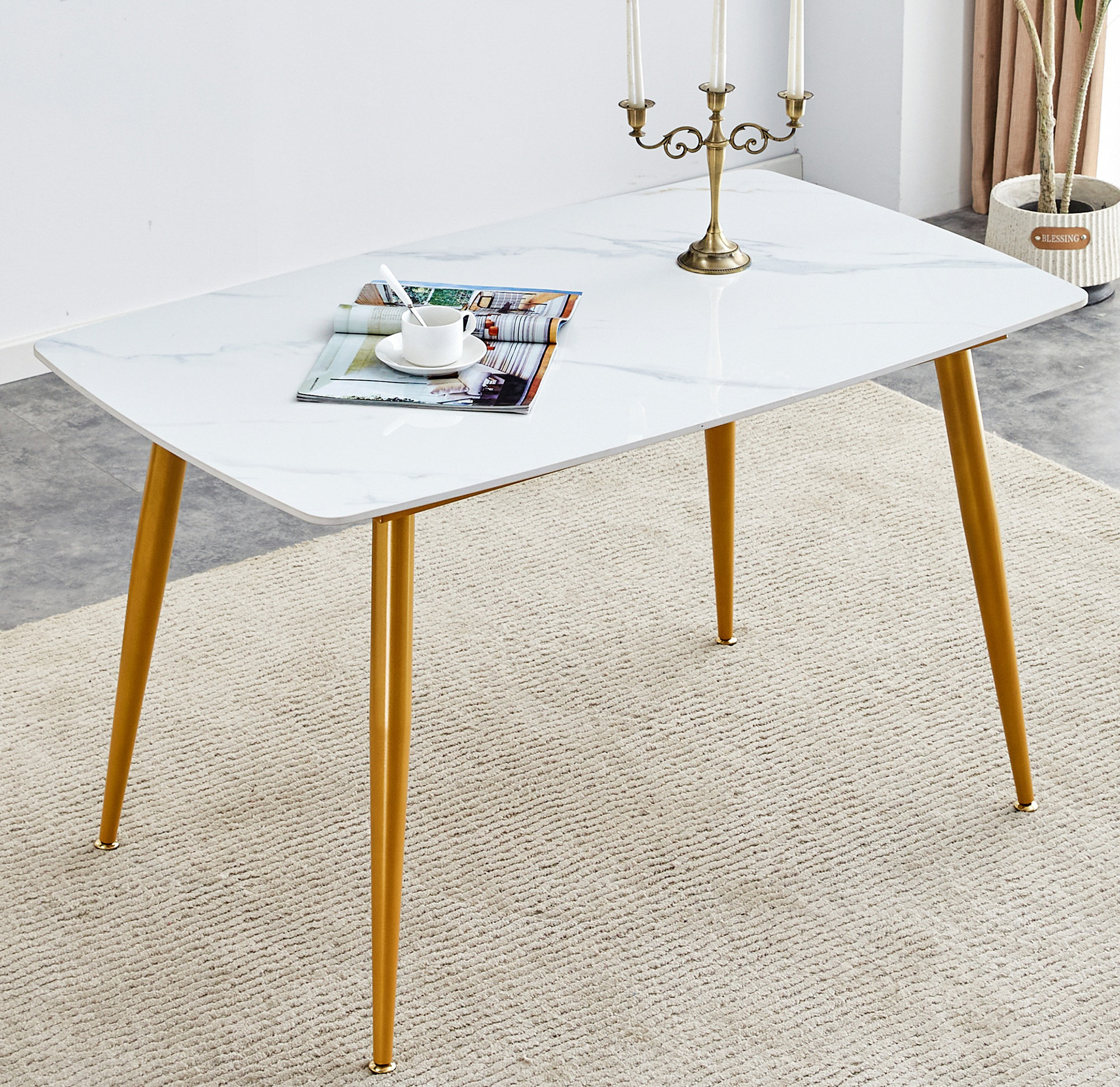 Wrought Studio Modern minimalist dining table. White imitation marble ...