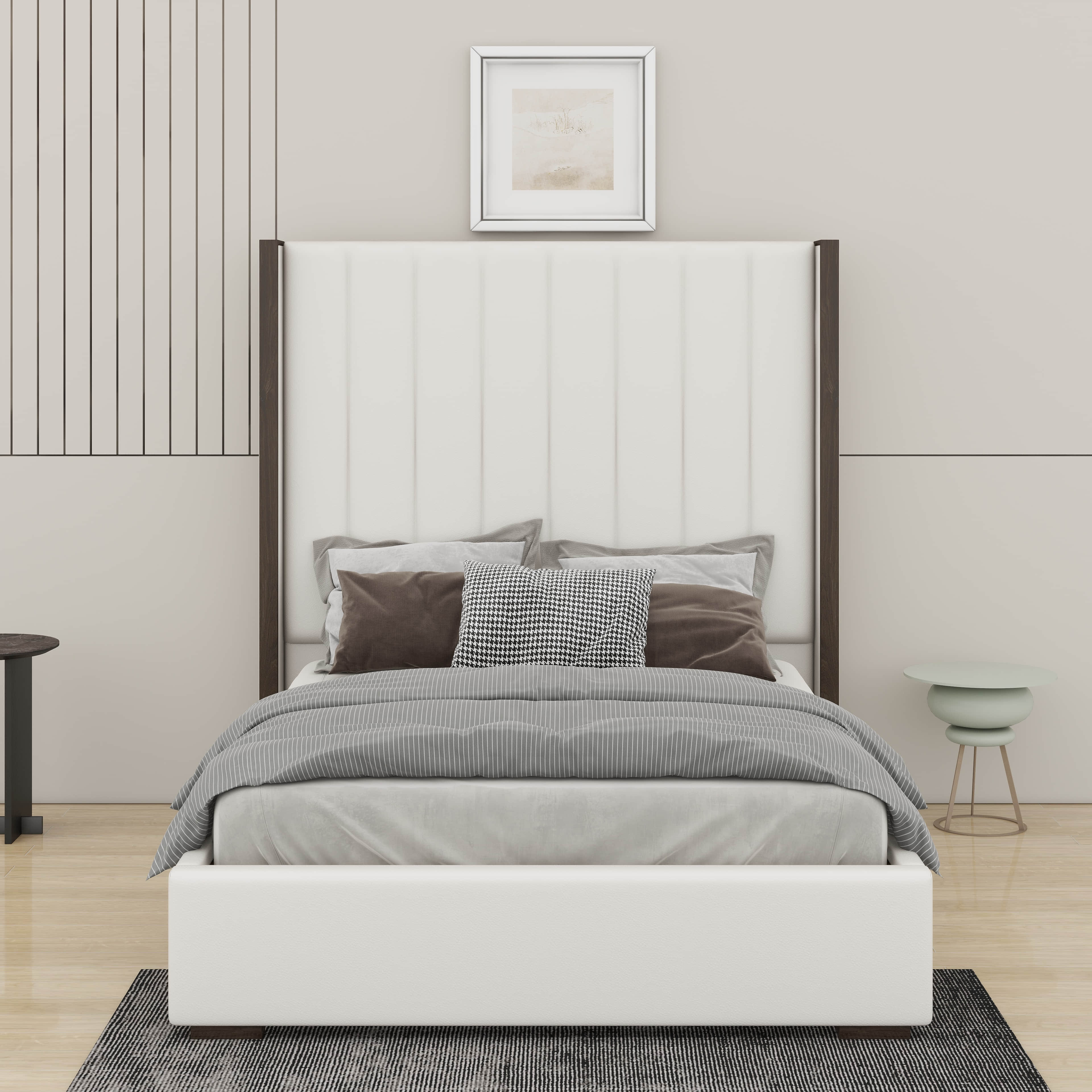 Mercer41 Upholstered Bed With Vertical Striped And Wingback Design ...