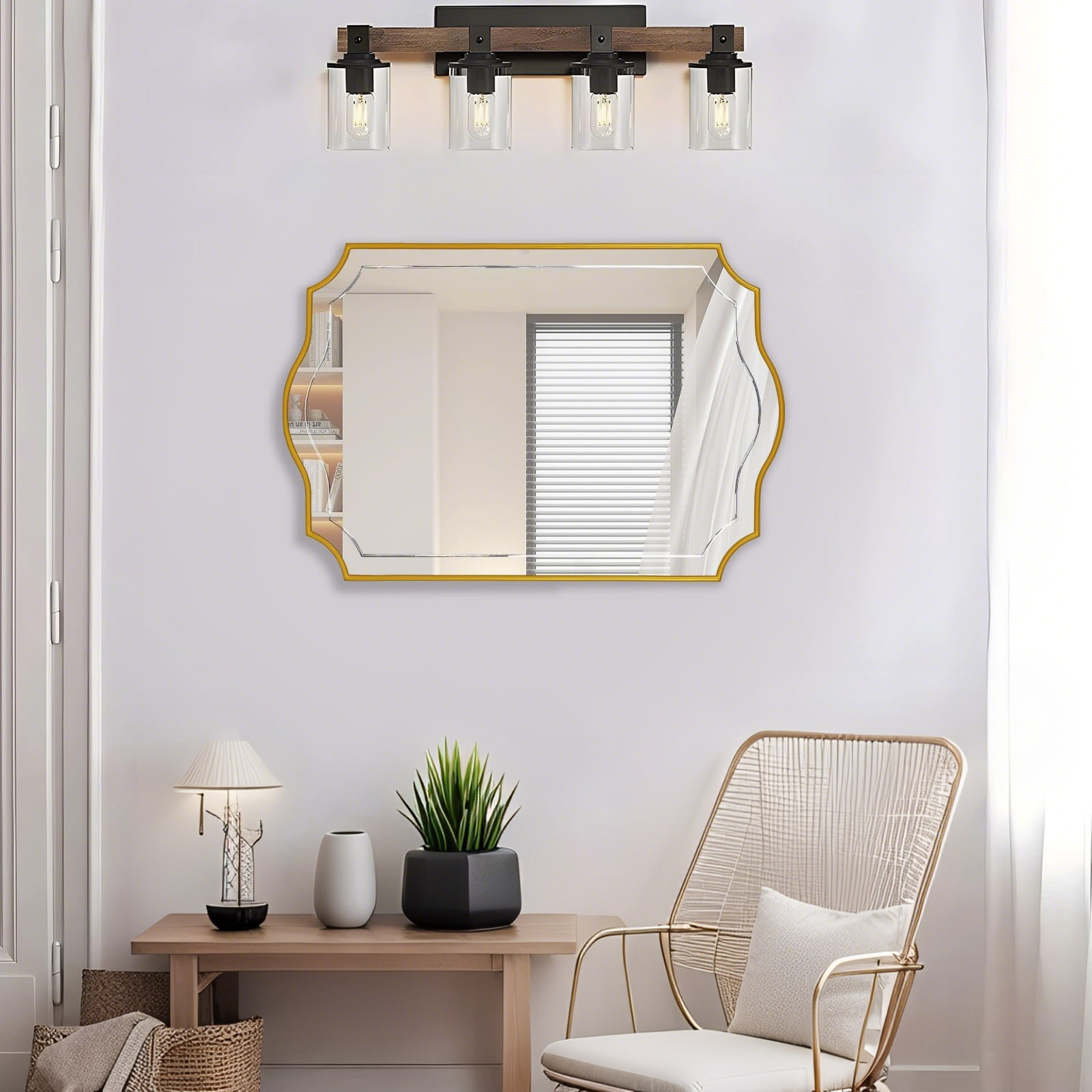 House of Hampton Gold Leaf Engraved Wood Frame Wave Mirror 24"X36 ...