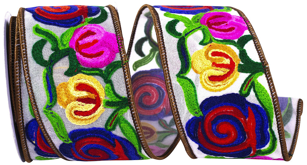 The Holiday Aisle® Multi Floral Embroidery Stitches Wired Edge Ribbon ...