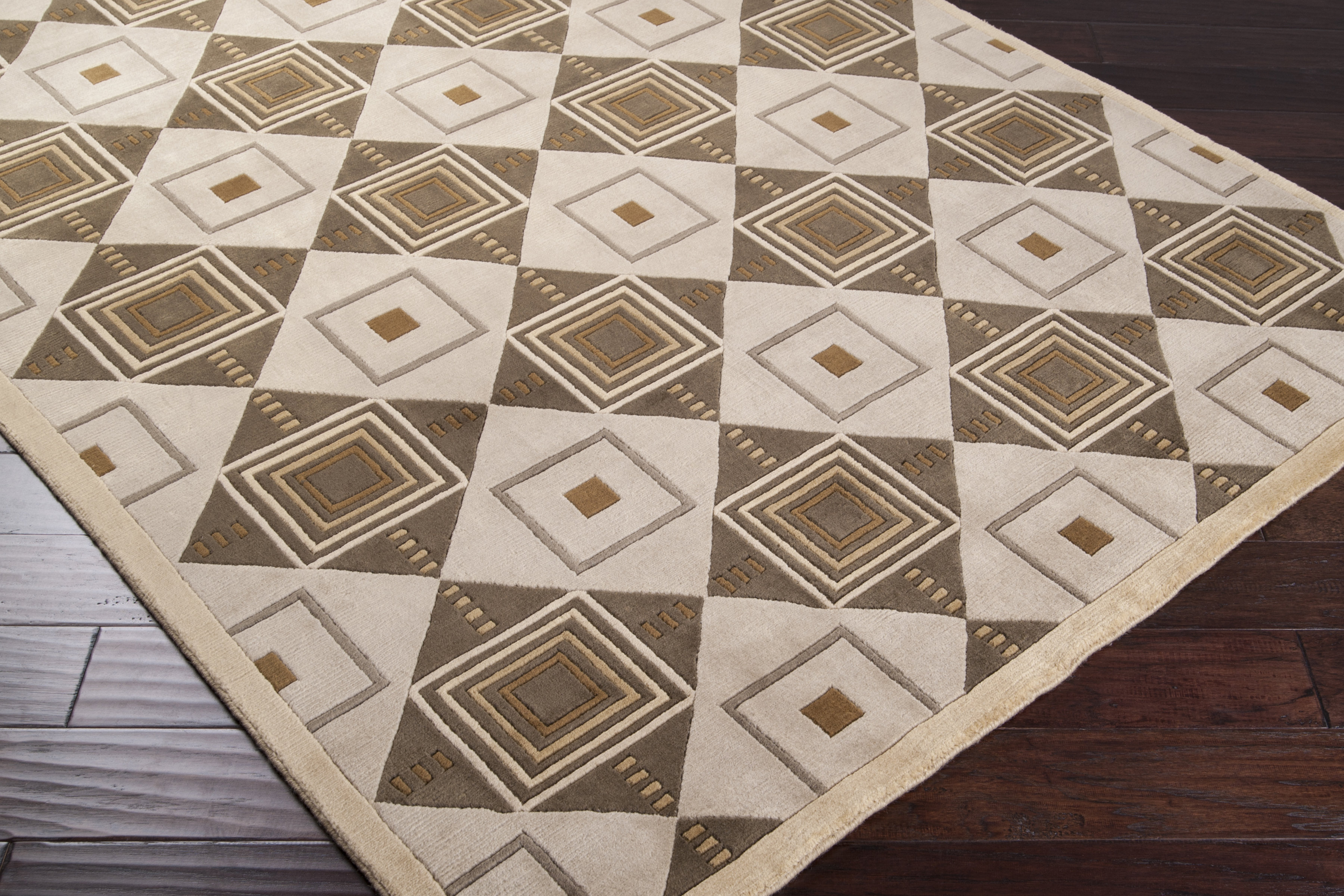 George Oliver Geometric Hand Knotted Wool Beige/Chocolate Area Rug ...
