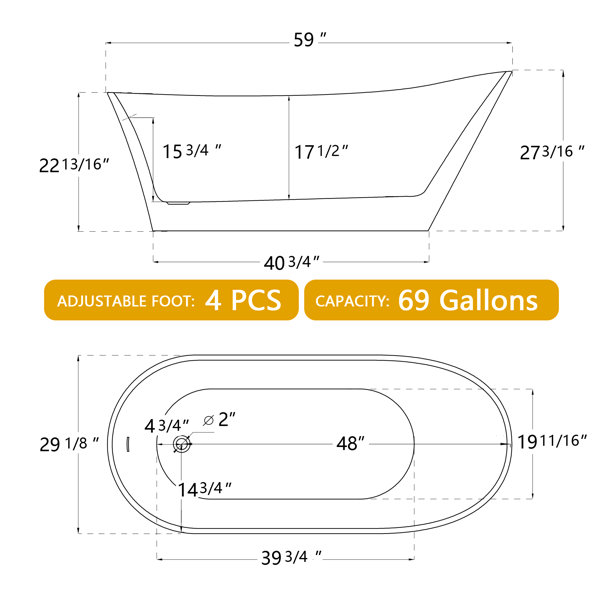 ZEAFIVE Free Standing Tub 59" Acrylic Freestanding Bathtub Adjustable ...