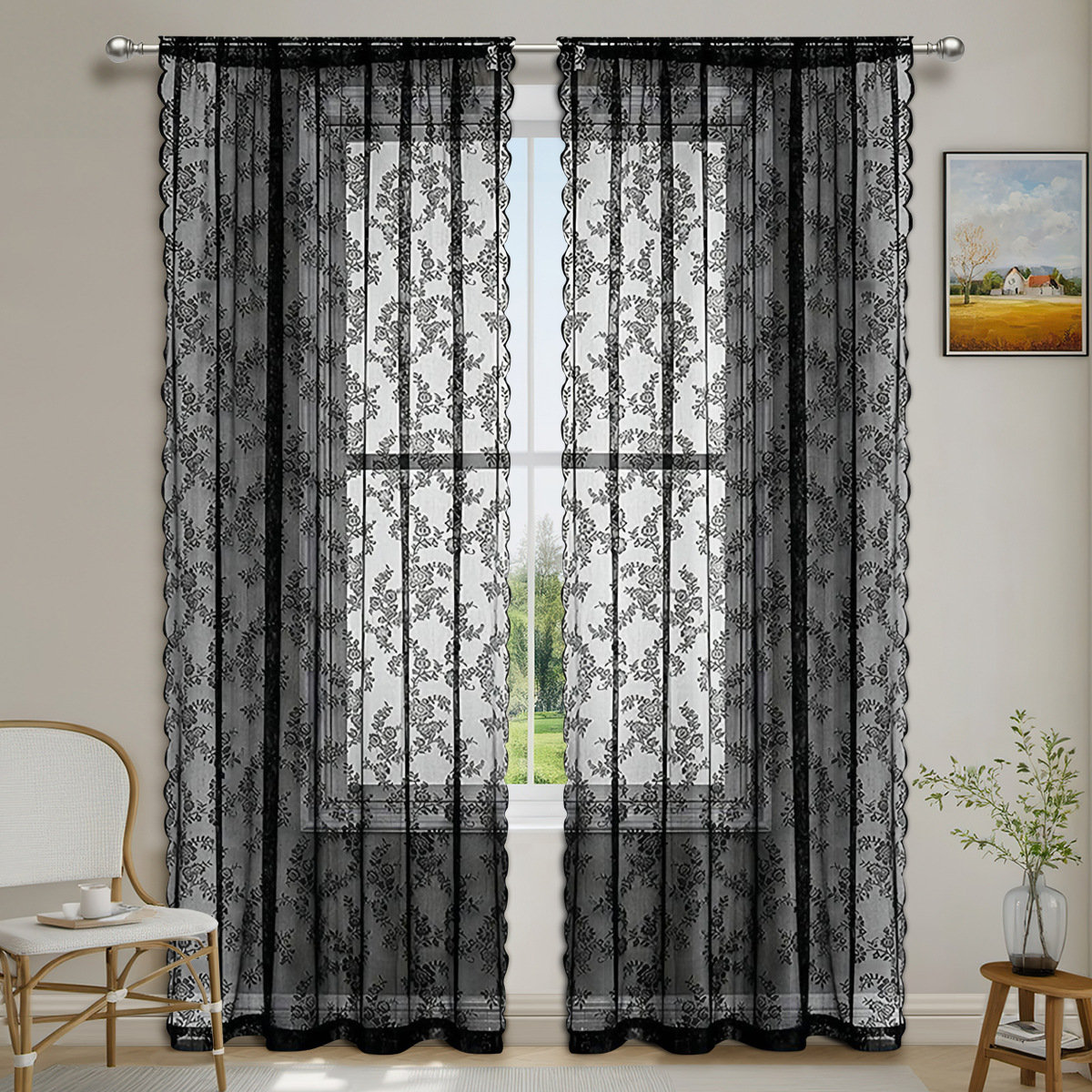 Ophelia & Co. Exquisite Lace Trimmed Window Screen Curtain with Drapery ...