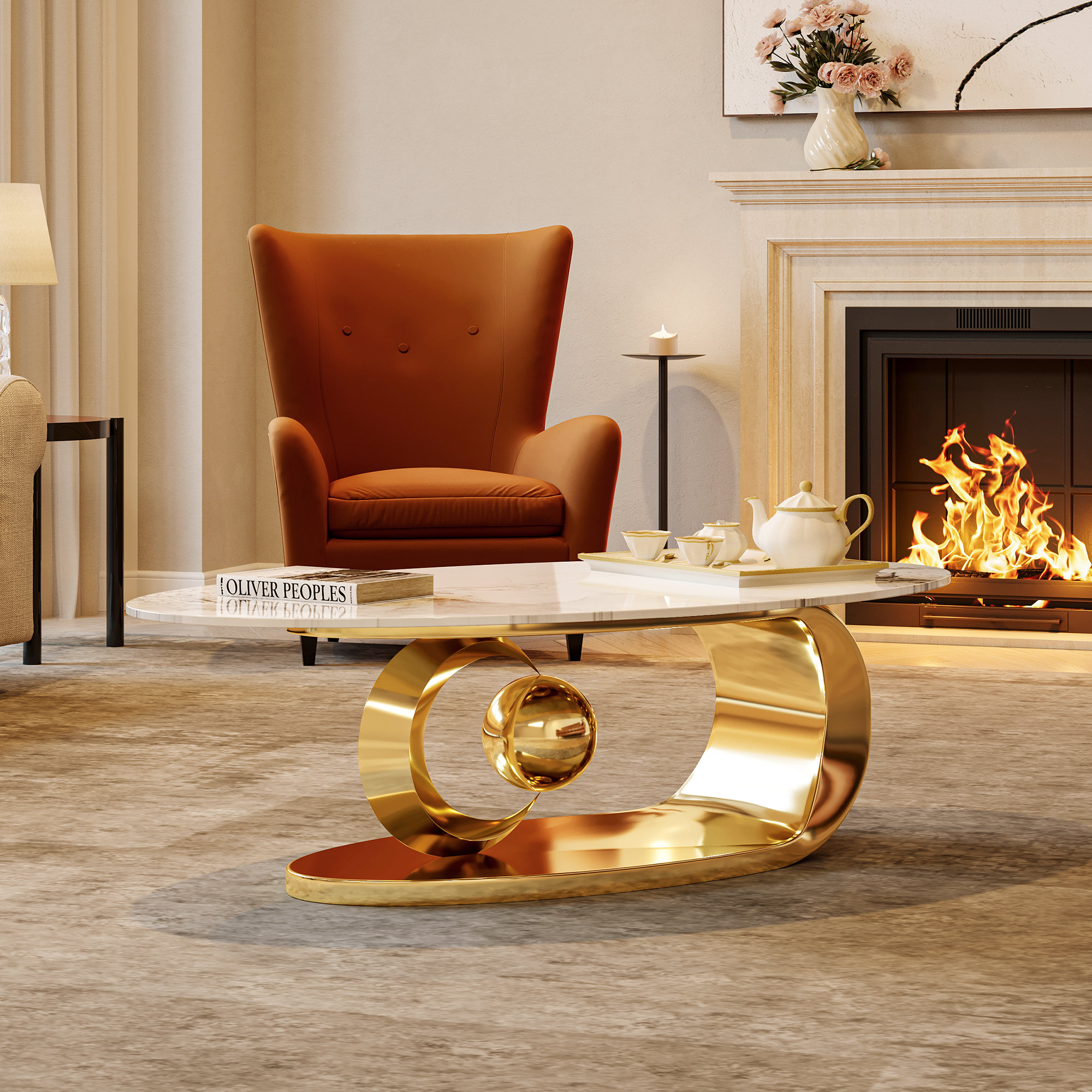 Mercer41 Luxury 51.2 '' L Oval Coffee Table with Slate Top, Large Gold ...