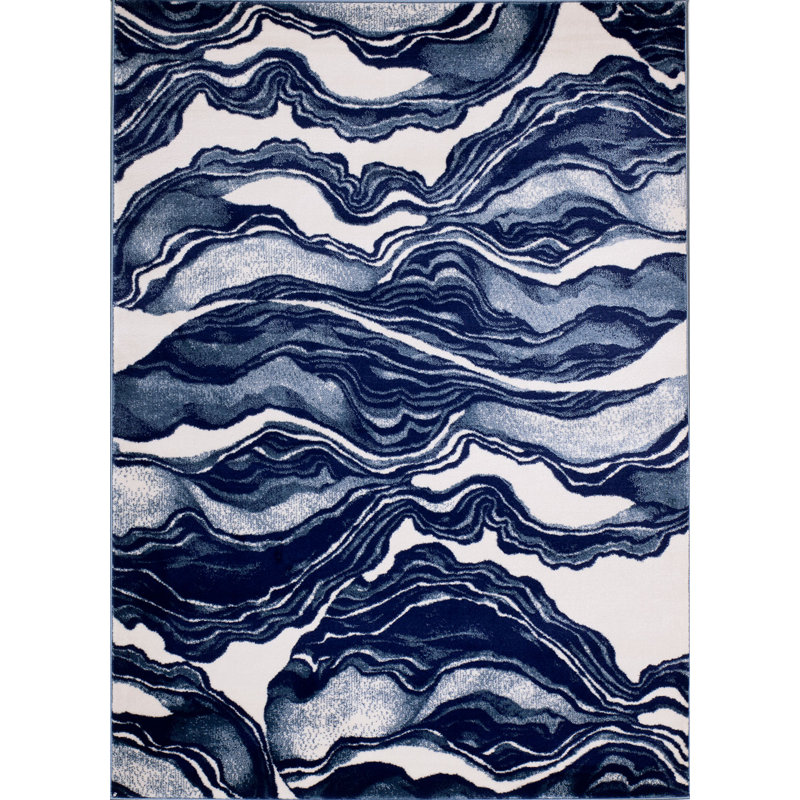 Wrought Studio Cretys Abstract Navy Blue/White Area Rug & Reviews | Wayfair