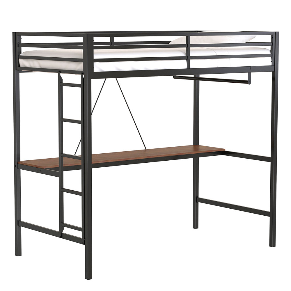 George Oliver Sturdy Twin Loft Bed Black With Cinnamon Wood Desk And ...