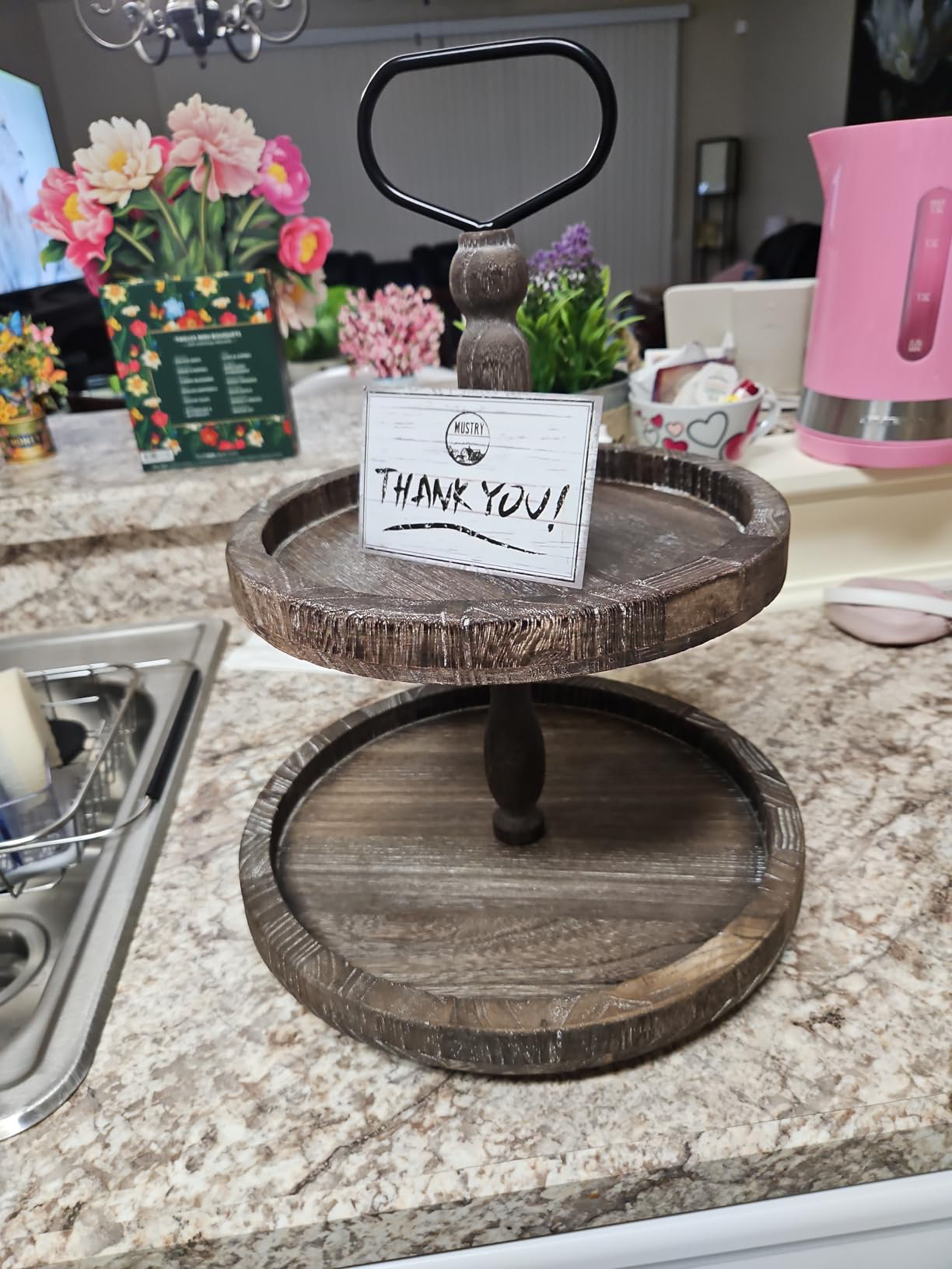 Gracie Oaks Rustic Wooden Tray, Round Farmhouse Kitchen Table Decor ...