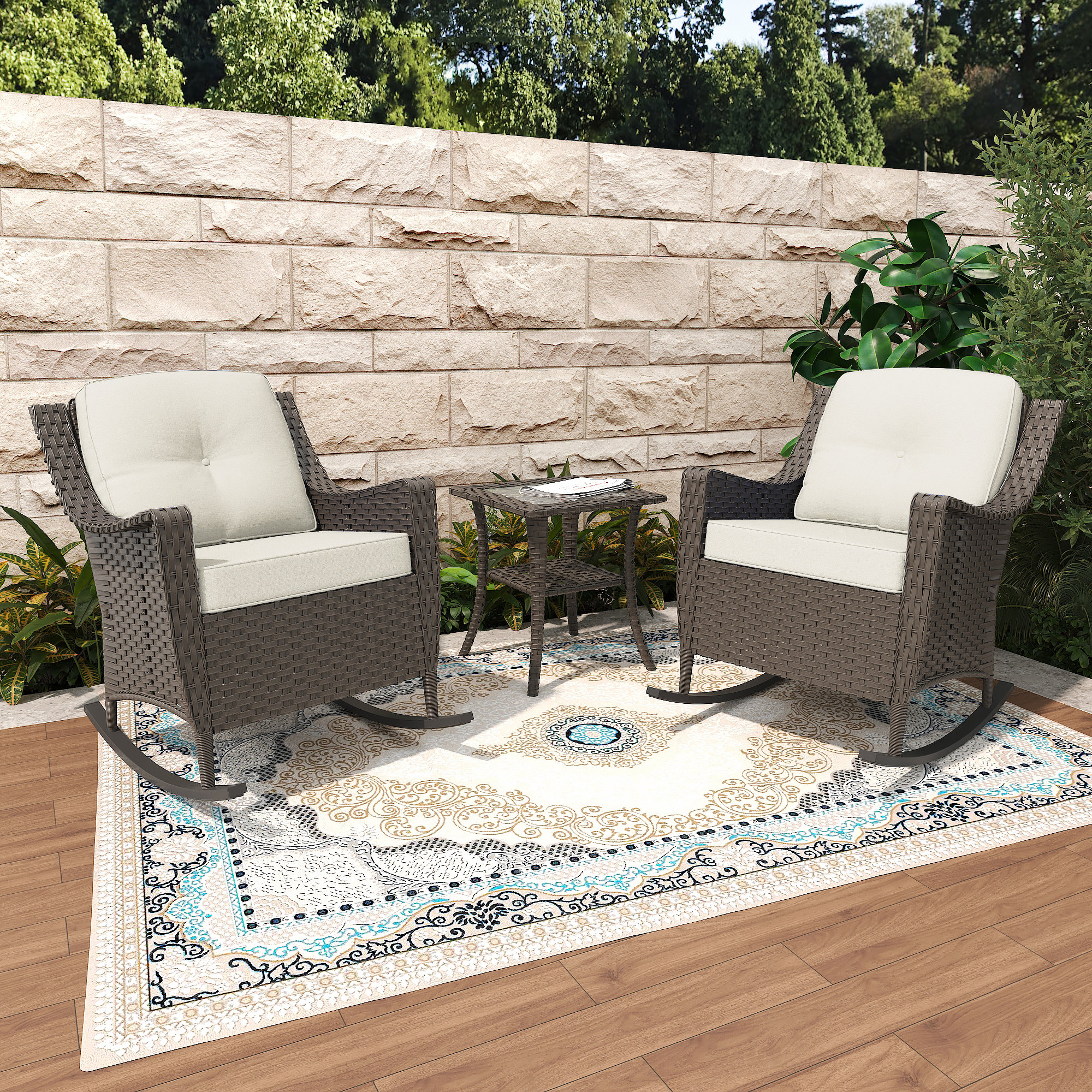 Red Barrel Studio® Outdoor Wicker Rocking Conversation Chair Set With ...