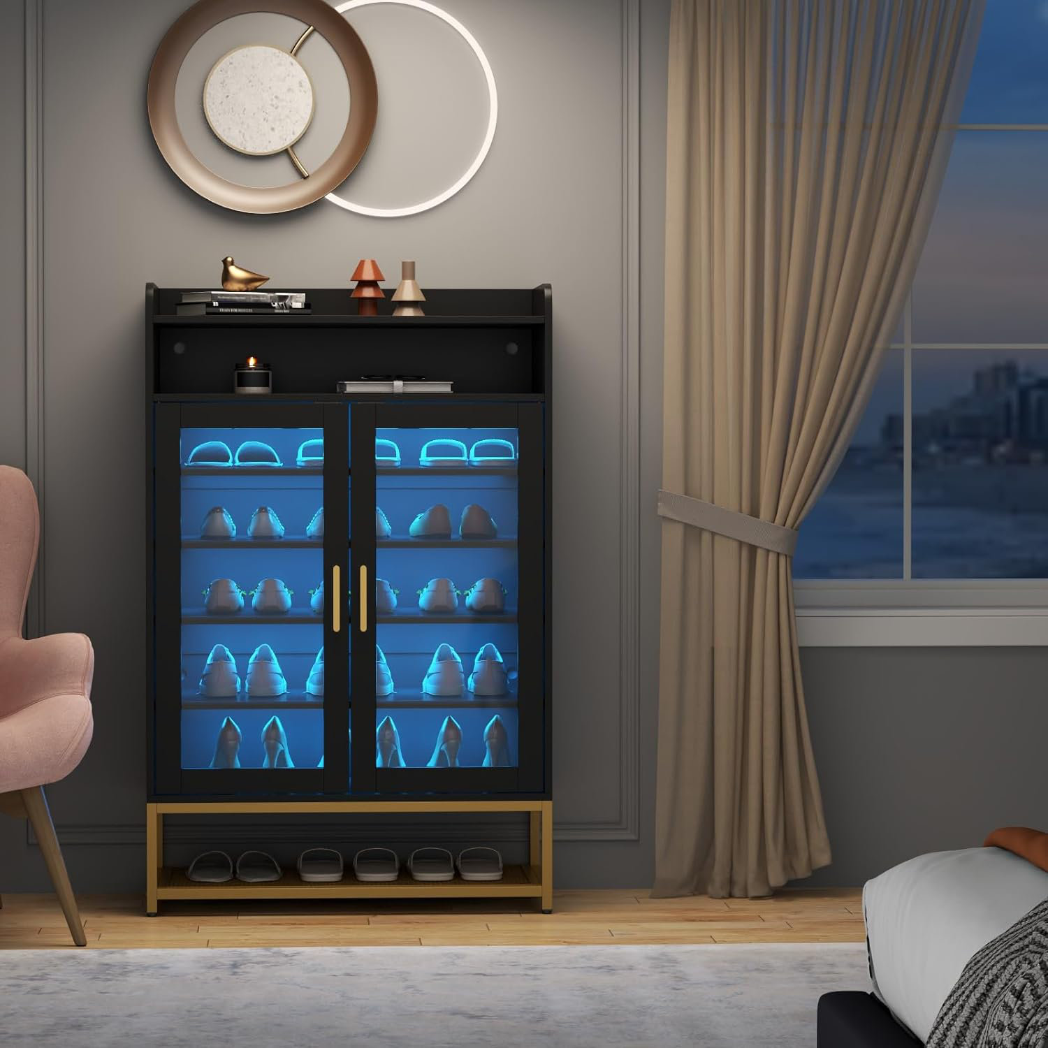 Everly Quinn 28 Pair Shoe Storage Cabinet with LED Light & Reviews ...