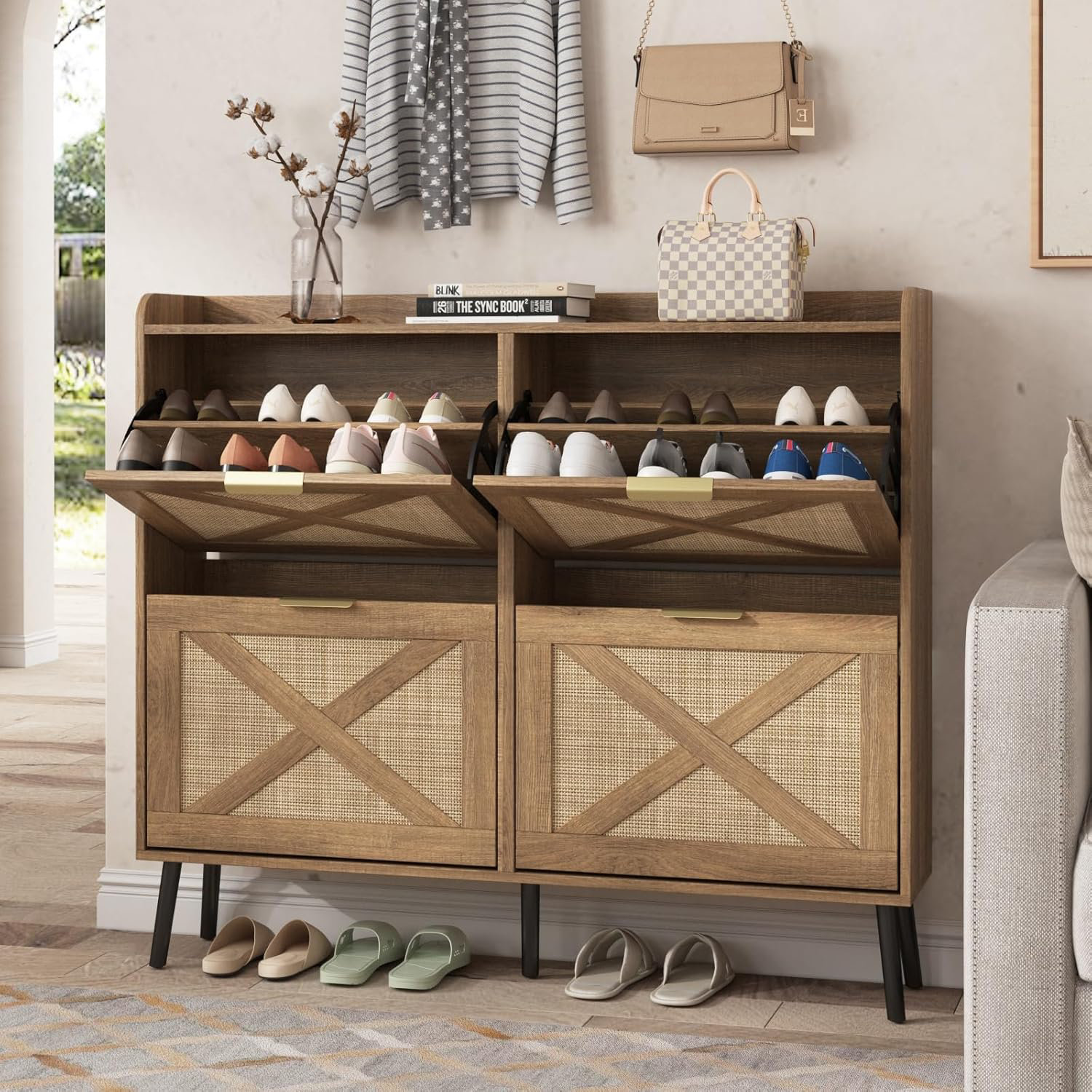 Bayou Breeze Shoe Storage Cabinet With 4 Rattan Flip Drawers ...
