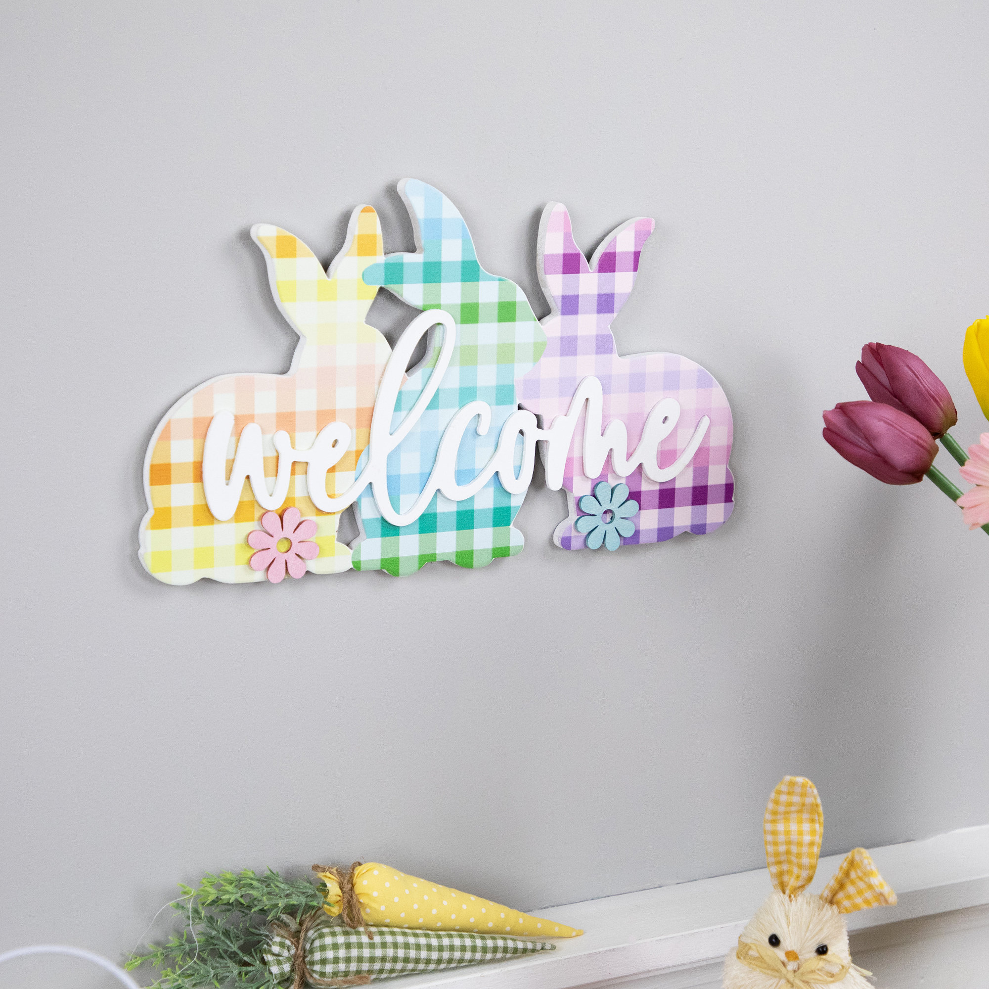 Northlight Seasonal Gingham Bunnies Welcome Easter Wall Décor | Wayfair