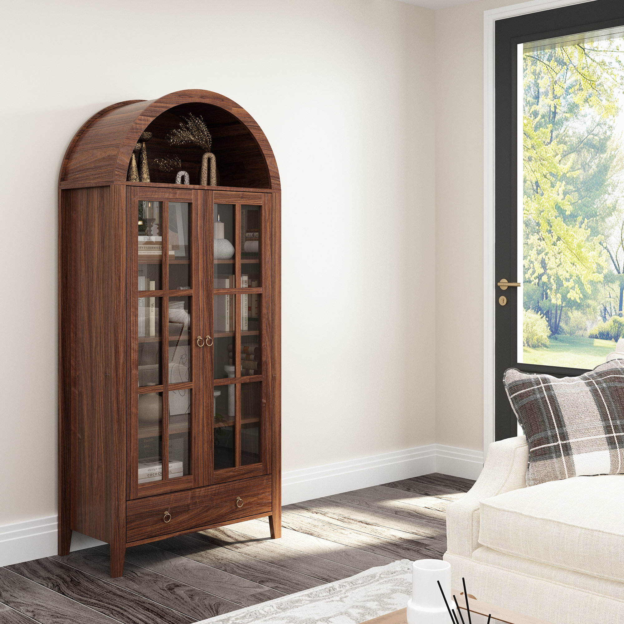 Gracie Oaks Kalaen 71" Arched Display Wood Cabinet with Tempered Glass ...