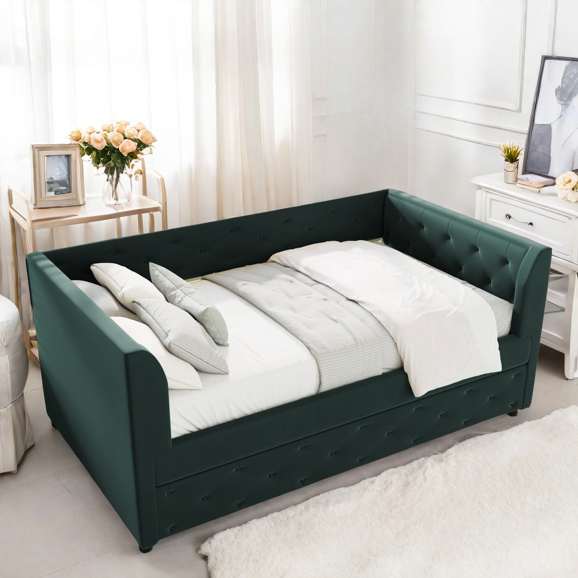 House of Hampton® Upholstered Velvet Daybed With Trundle, Storage ...