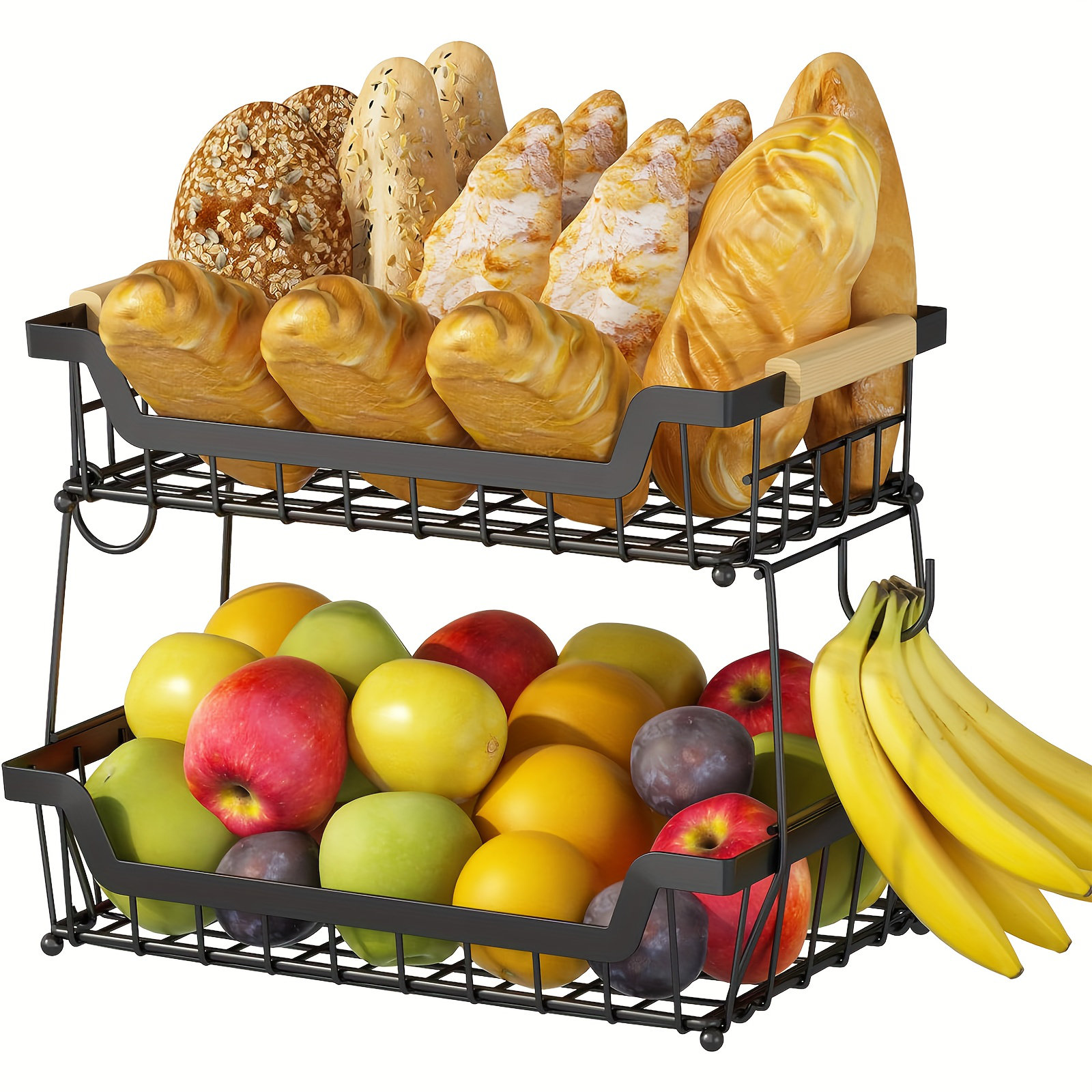 COOSEON 2-tier Countertop Fruit Basket With 2 Banana Hooks For Kitchen ...