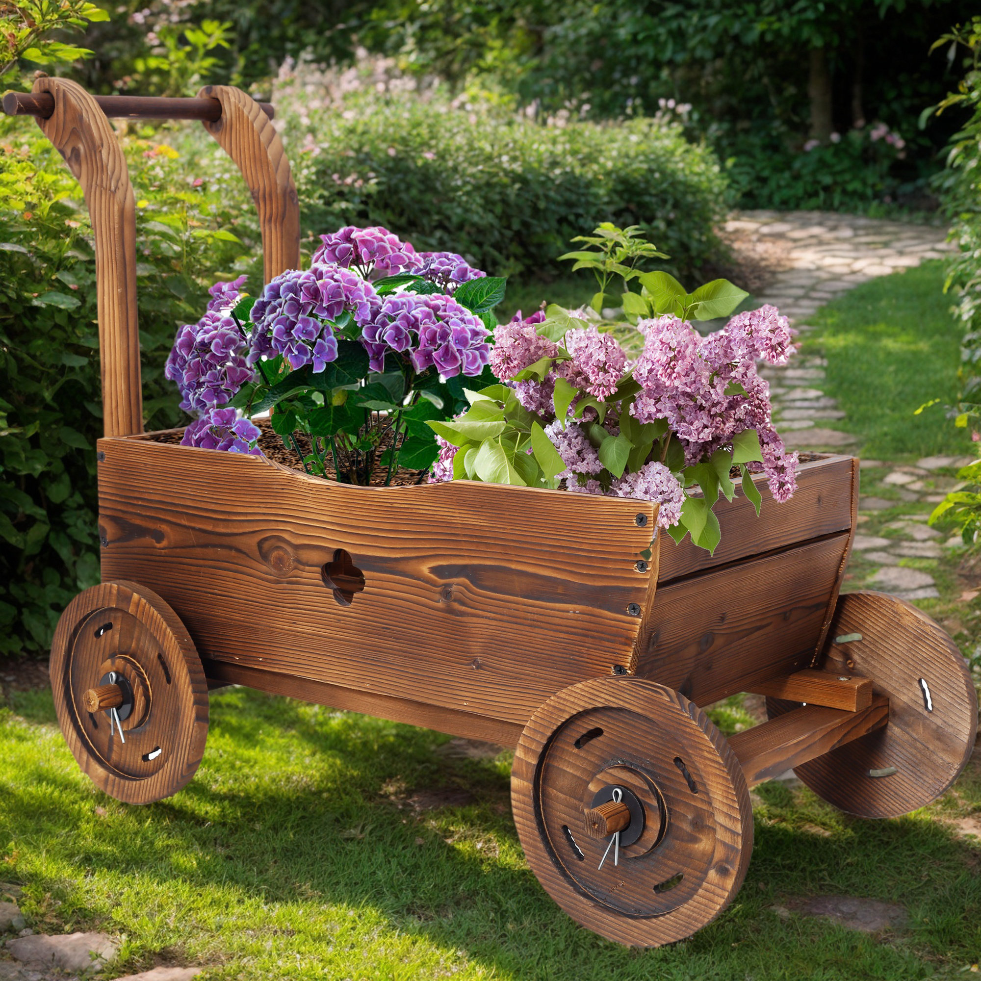 Millwood Pines Mobile Wooden Wagon Planter Box with Wheels, Handle ...
