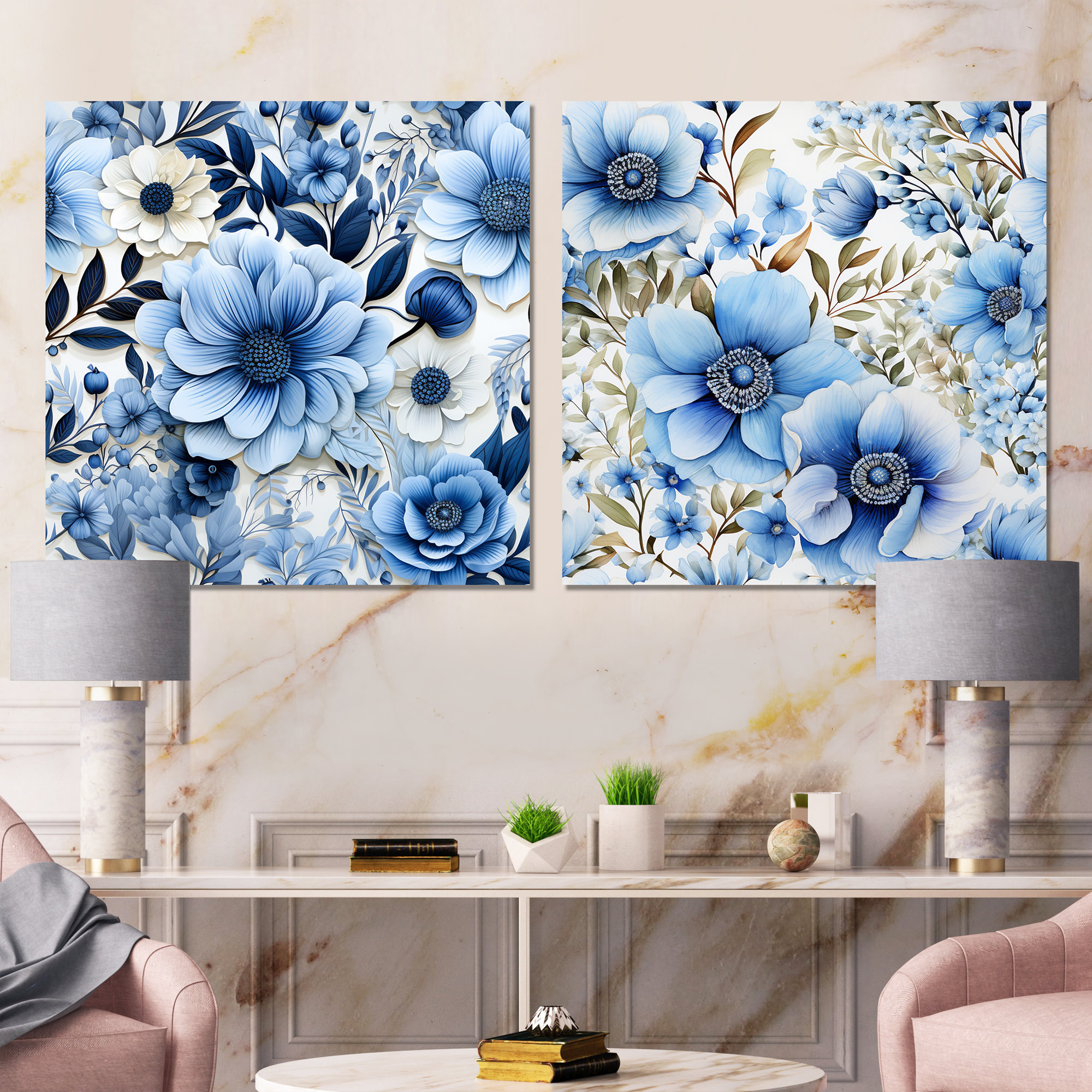 Design Art Blue Watercolor Eccentric Floral Pattern - Floral Canvas Art ...