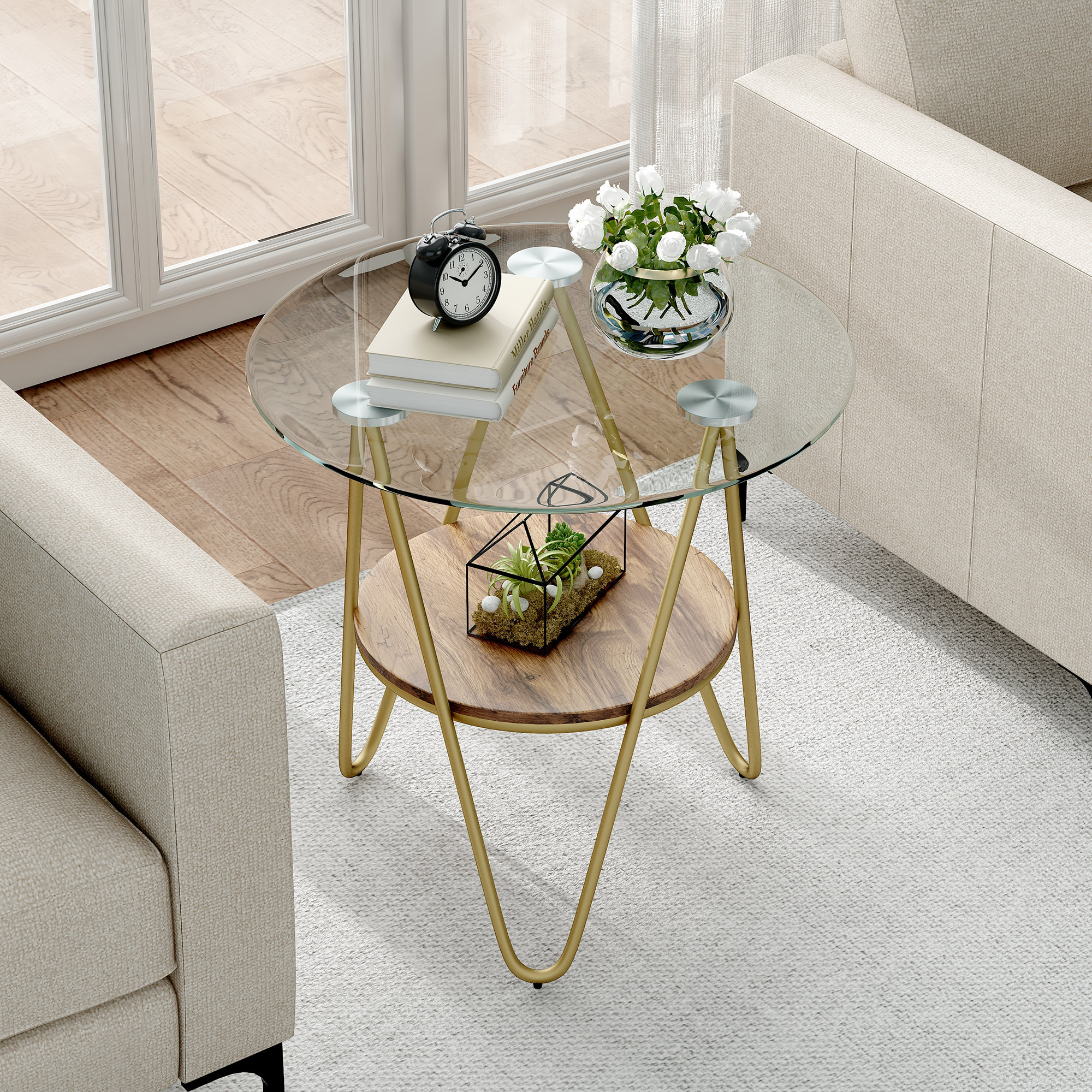 Wrought Studio™ Laliyah Round Living Room Glass End Table with Shelf ...