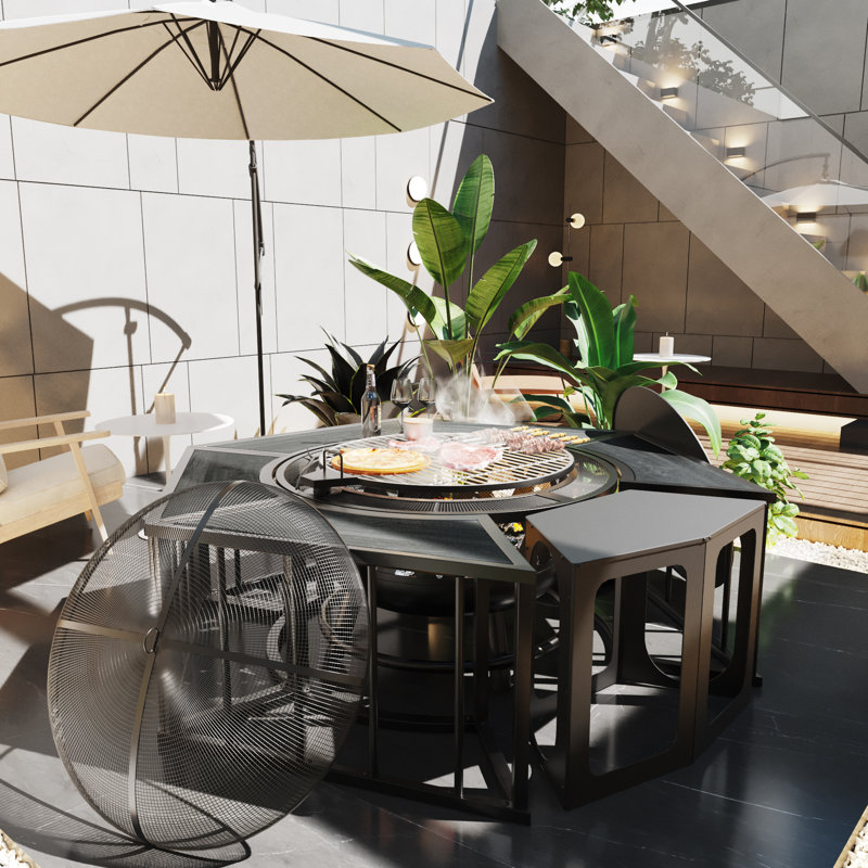 17 Stories Safila 18'' H x 59'' W Steel Outdoor Fire Pit Table with Lid ...