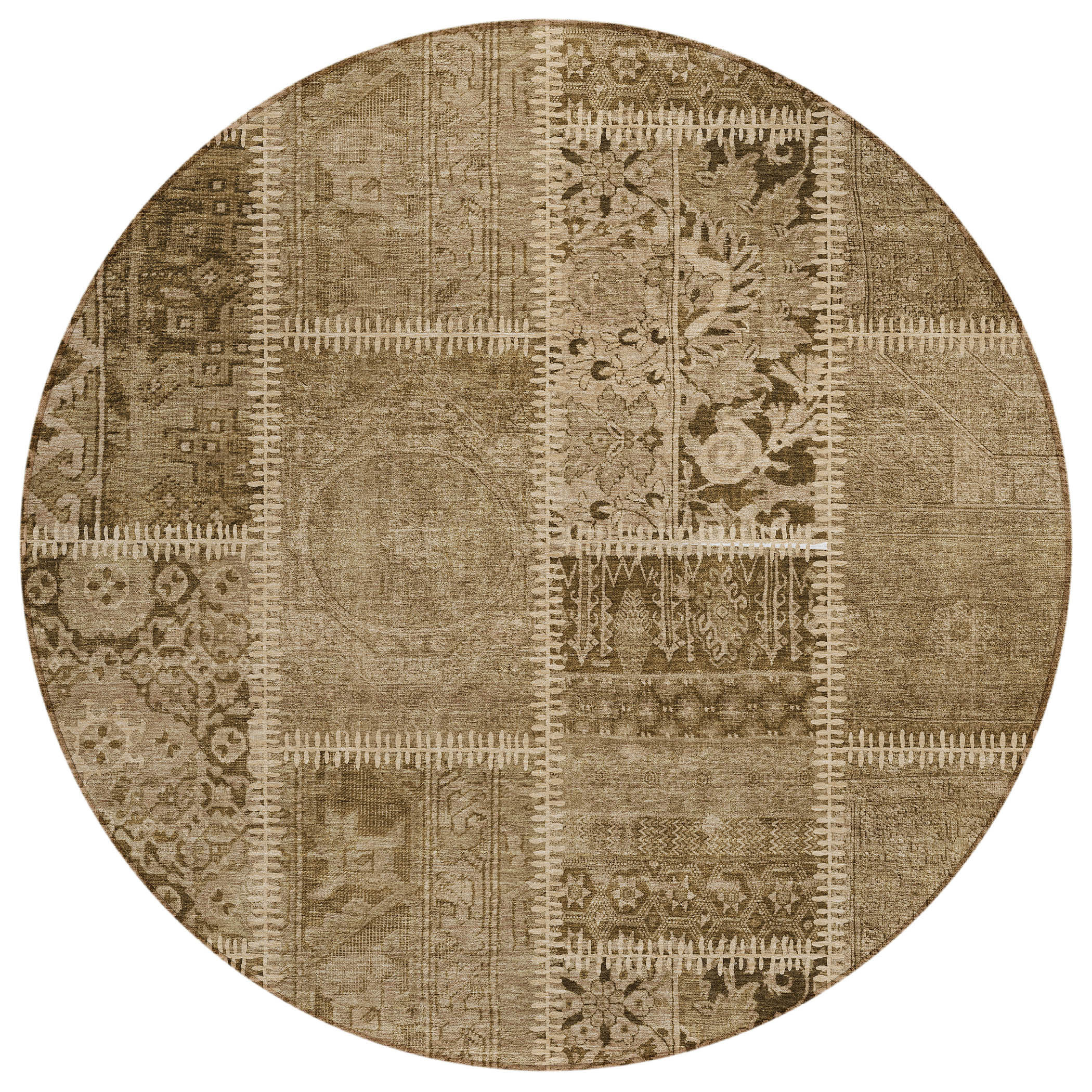 HomeRoots 8' Beige Round Patchwork Washable Indoor Outdoor Area Rug ...