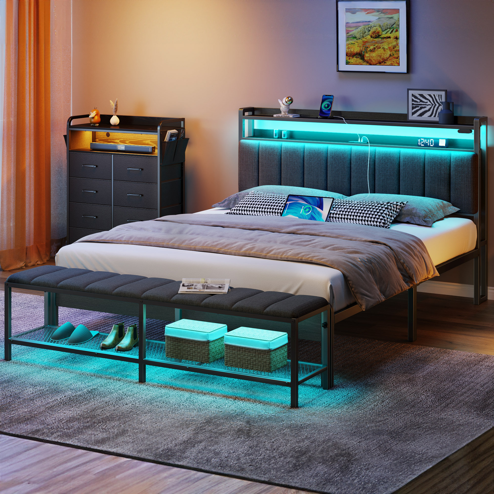 Wrought Studio Iolana Upholstered Bed with Headboard, Detachable Shoe ...