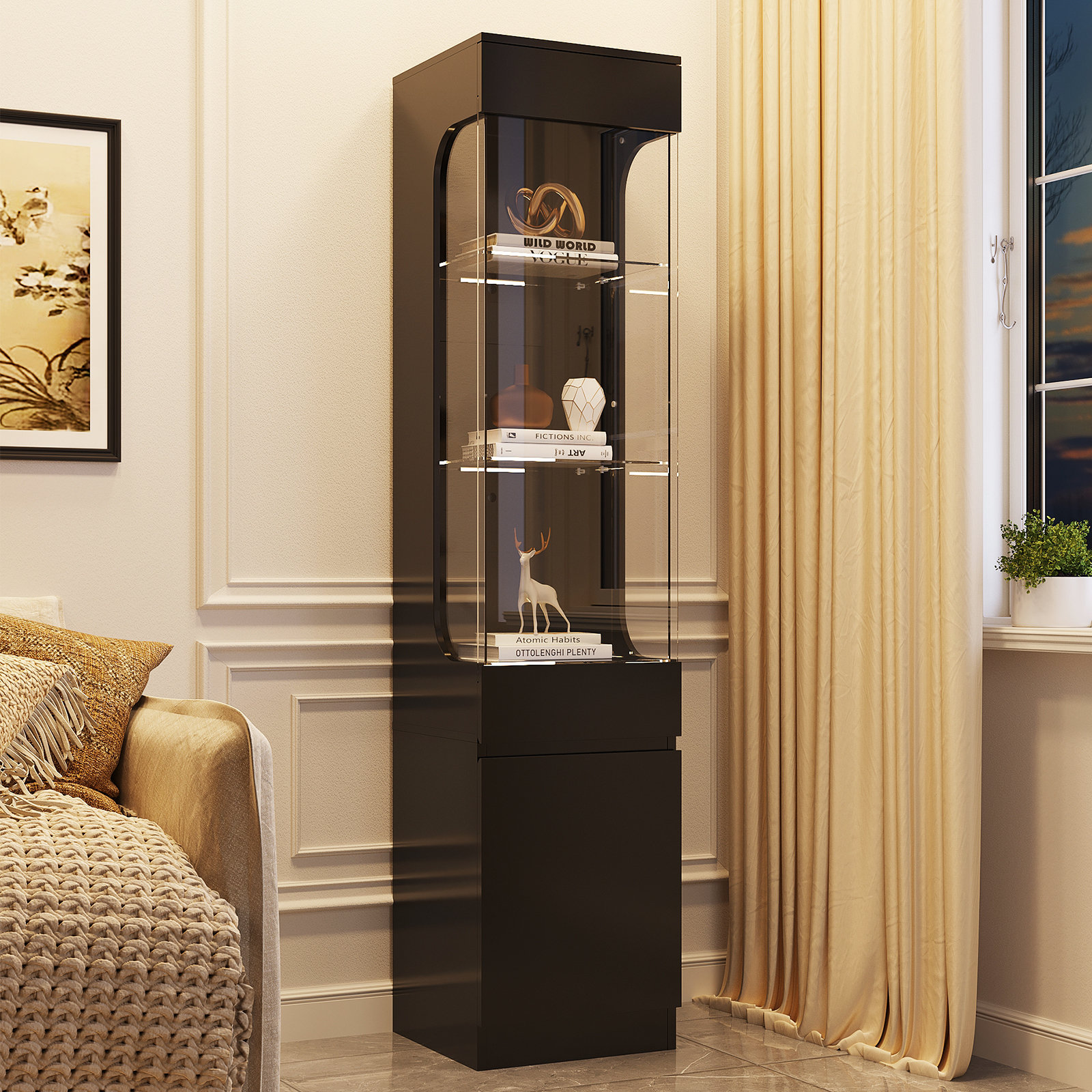 Wrought Studio Glass Display Cabinet, 3-tier Display Case With 7 Colour ...