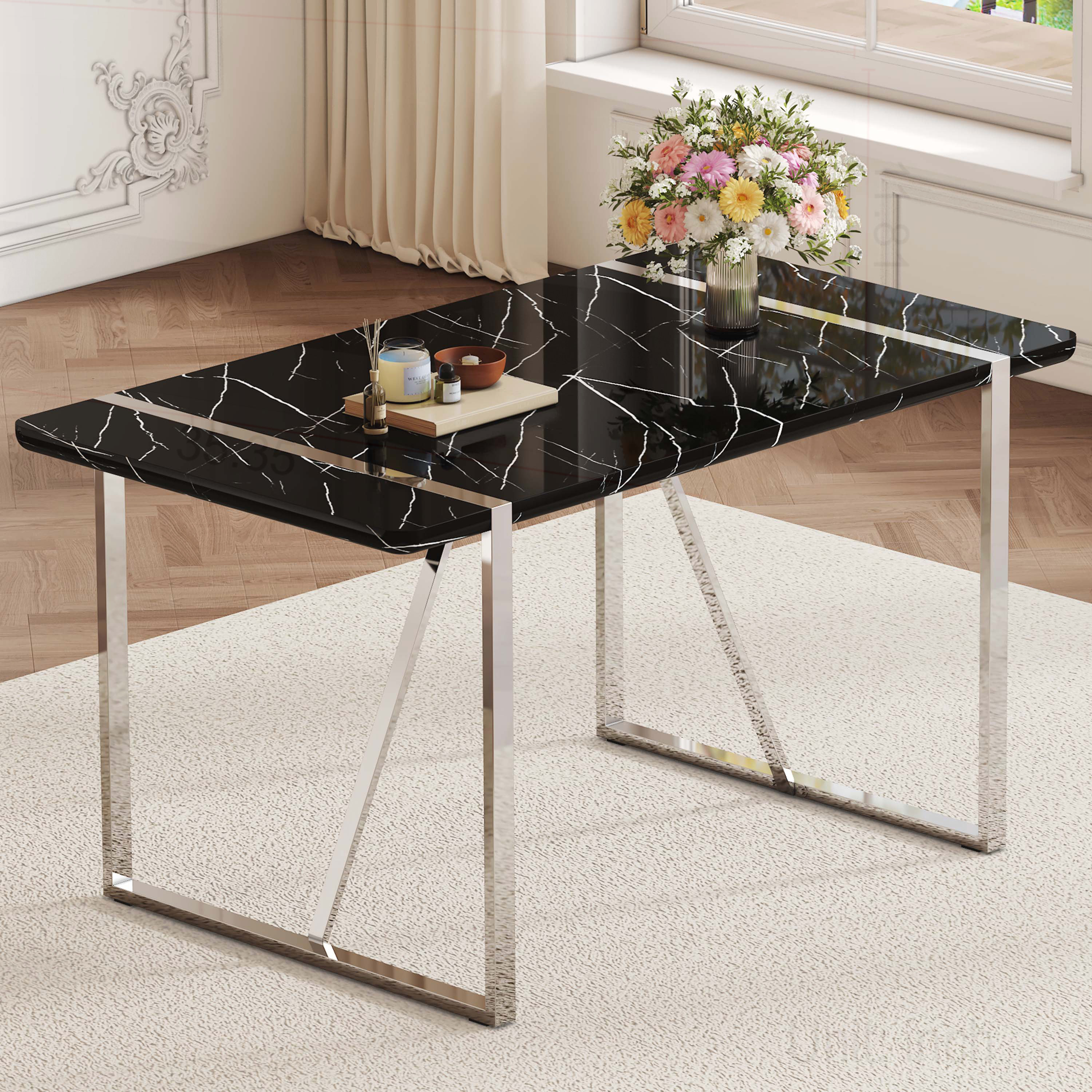 Wrought Studio™ A rustic industrial rectangular MDF black dining table ...